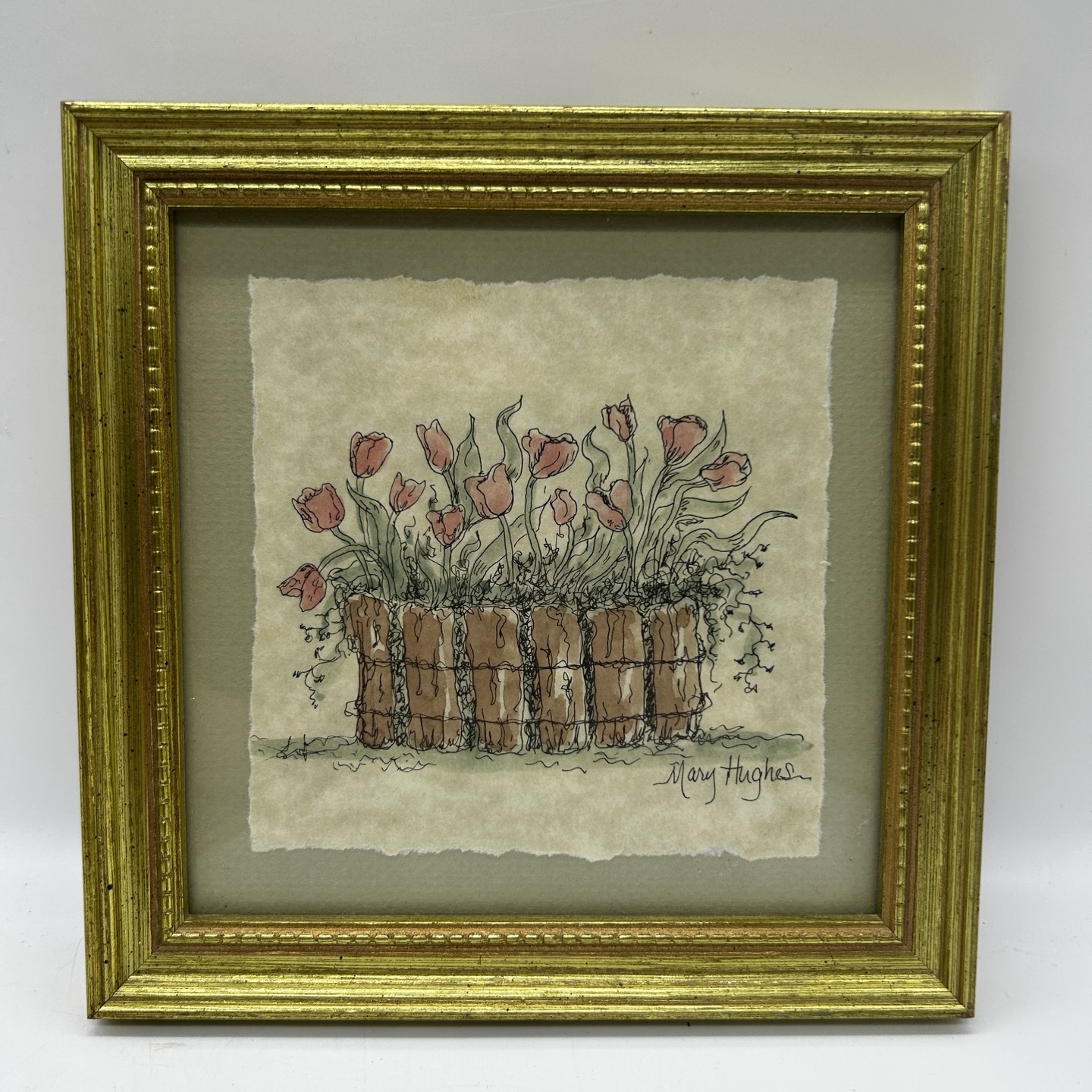 Signed Mary Hughes Watercolor Framed Art Print Floral Pink Flowers