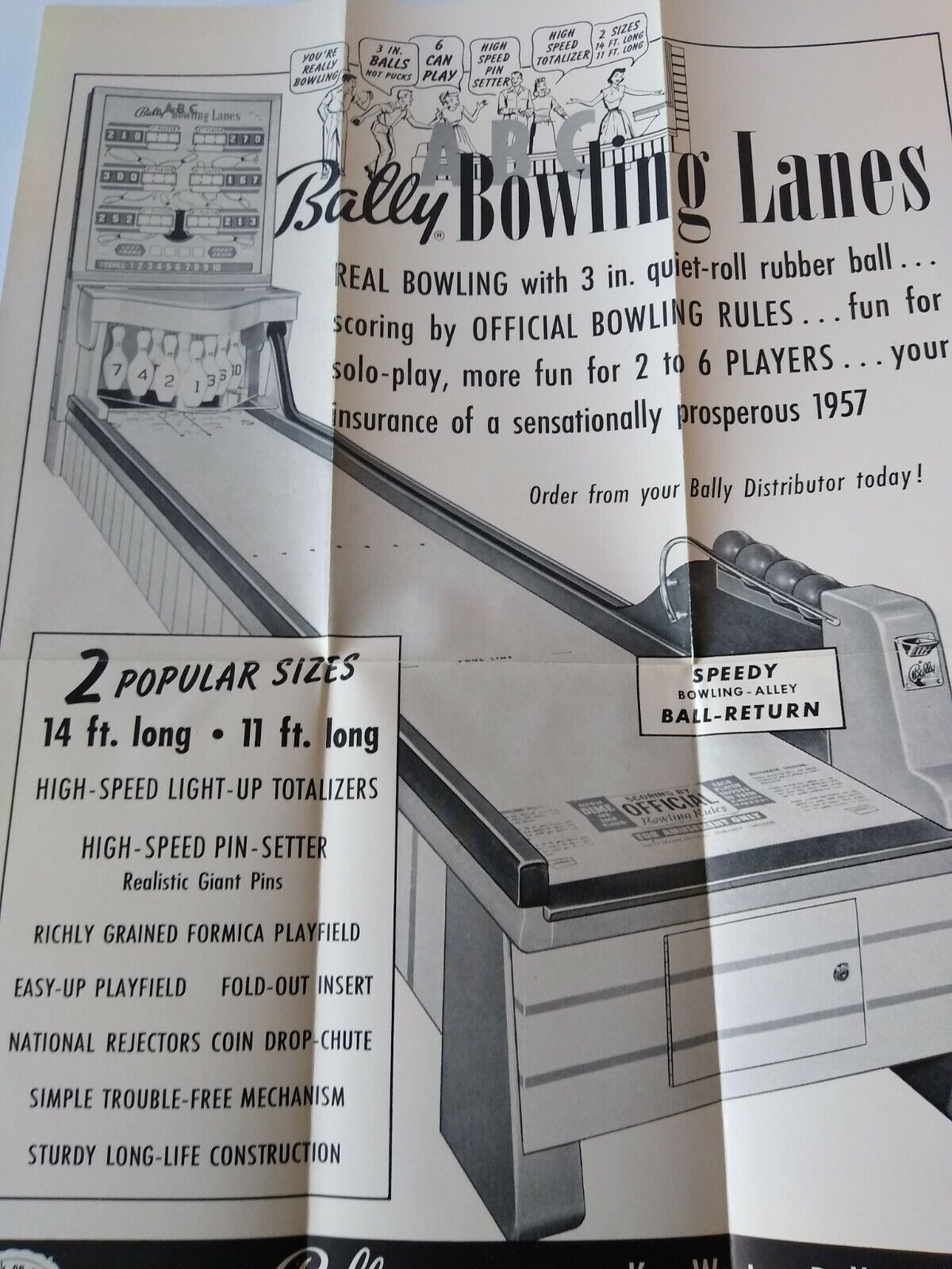 ABC Bowling Lanes Arcade FLYER 1957 Original UNUSED Vintage Ball Bowler ...