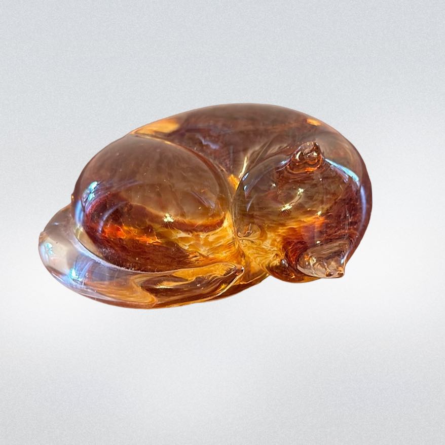 Vintage Chinese Import Glass Cat Napping Paperweight Amber & Clear Glass