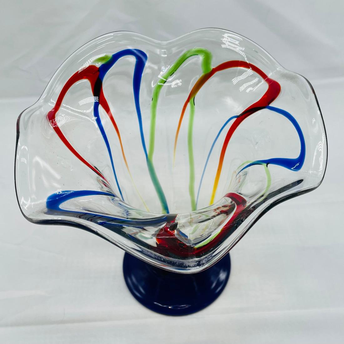 Studio Art Glass Compote Vase Hand Blown Murano Style Blue Pedestal Footed