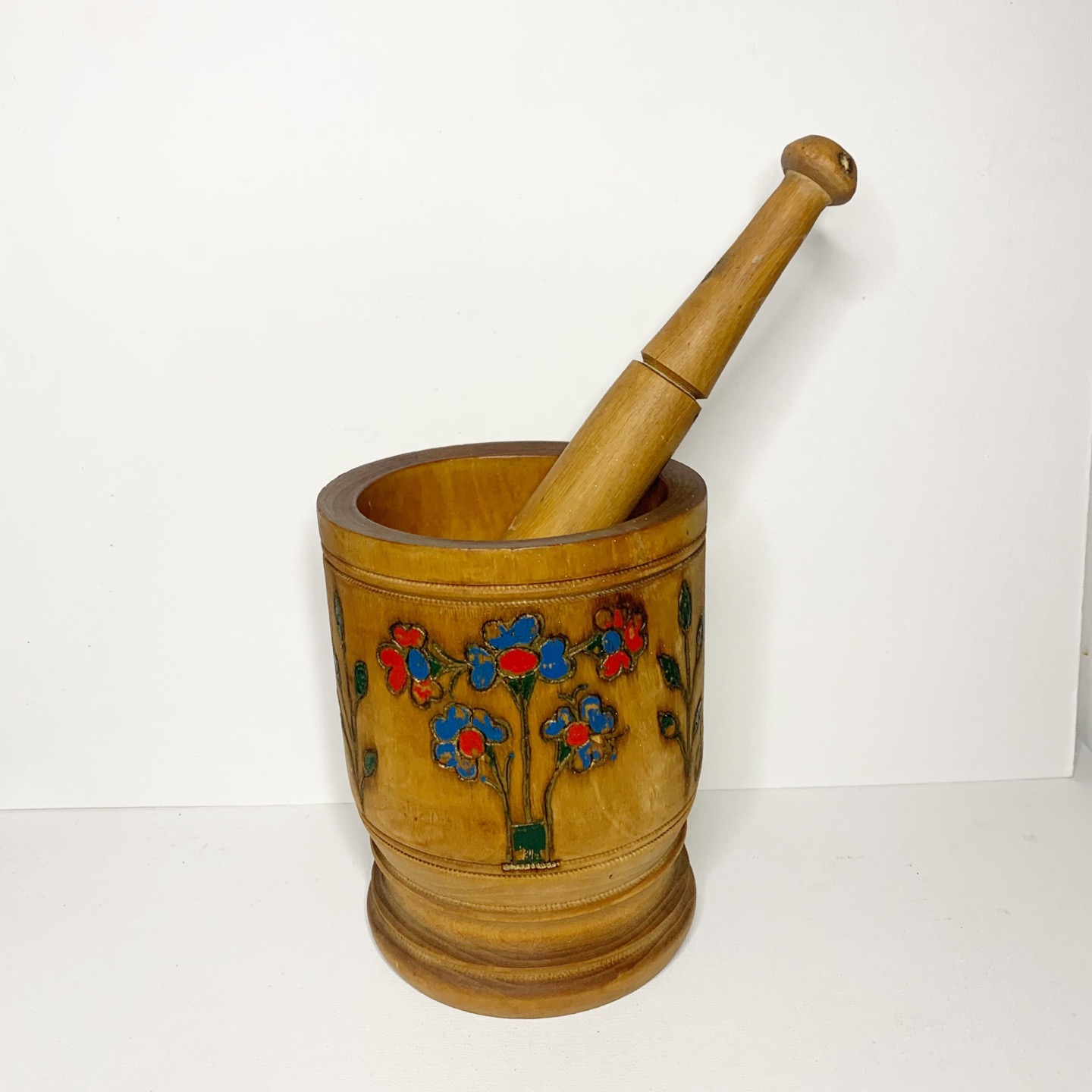 Mortar & Pestle Wood Greece Hand Carved Grinder Pot Hand Painted Large ...