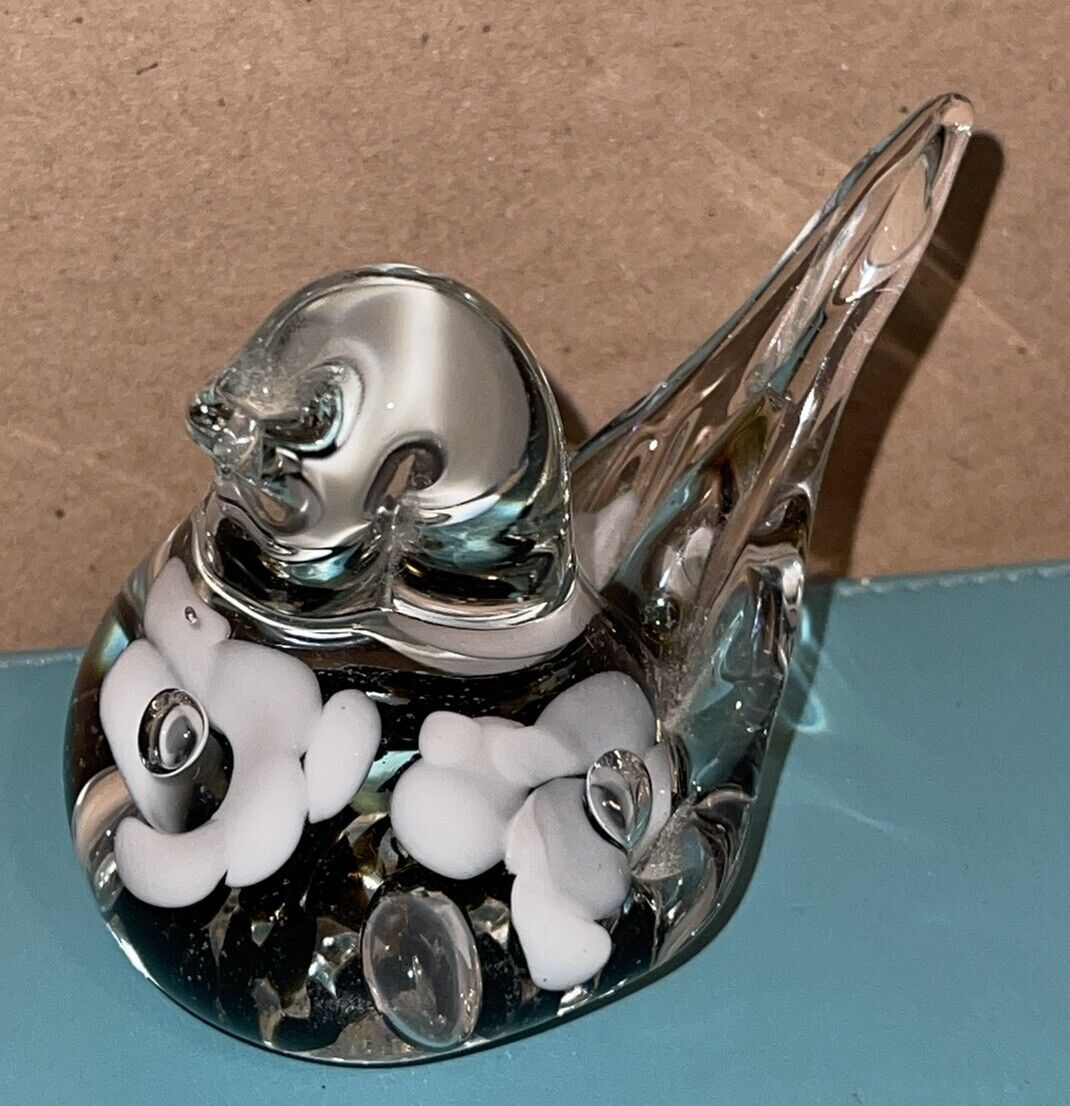 Joe Rice Art Glass Figurine Beautiful White Flowers Bird Figurine Paper ...