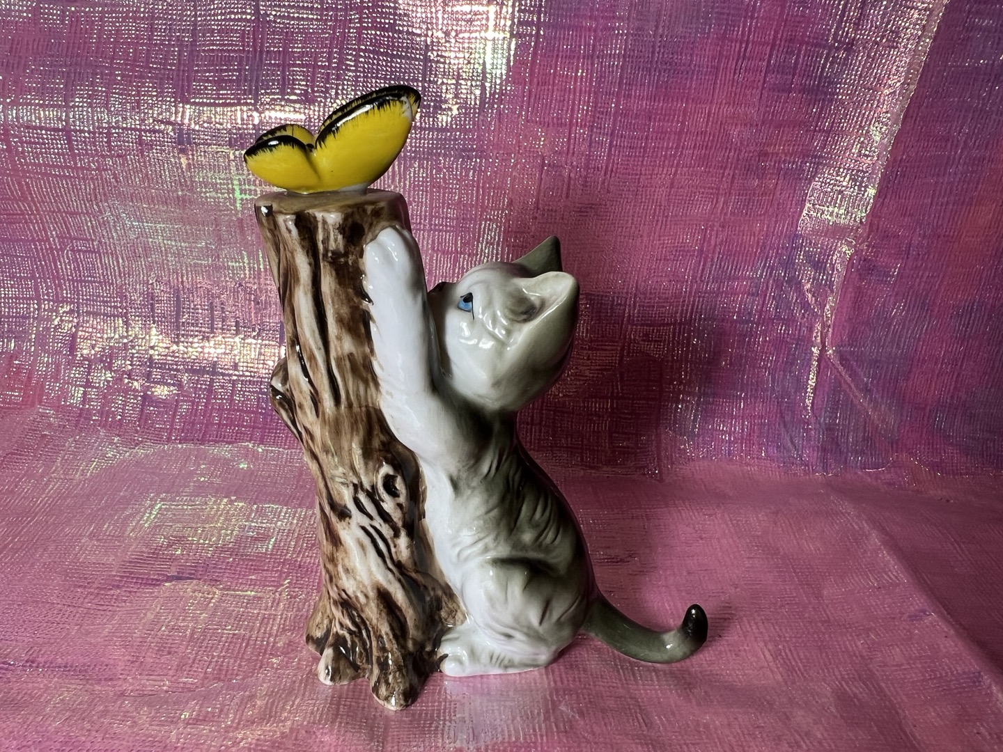 Vintage Bone China Cat With Butterfly Figurine
