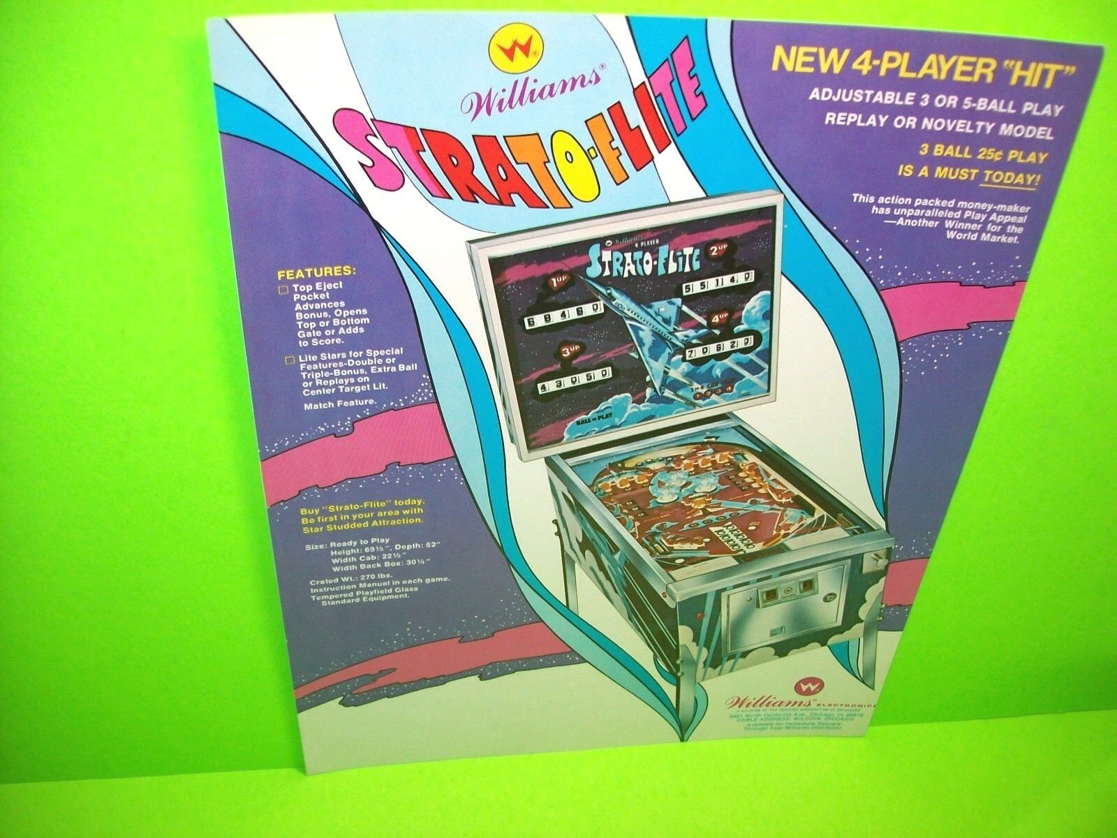 StratoFlite Pinball Flyer Original 1974 Flipper Game Retro Artwork Promo