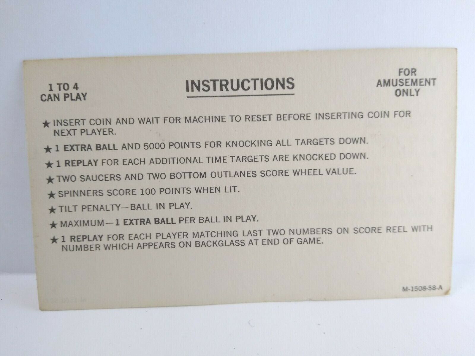 Freedom Pinball Machine Original Instruction Card Double Sided M-1508-58-A