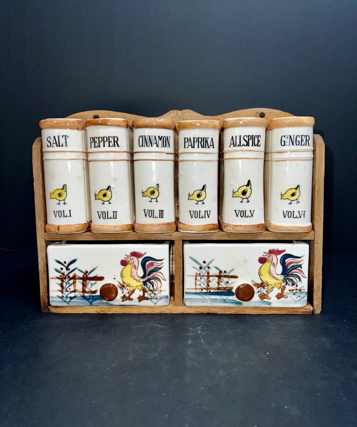 Fred Roberts Company Spice Rack, 6 Shakers (Vol I-VI) & 2 Drawers, Vtg