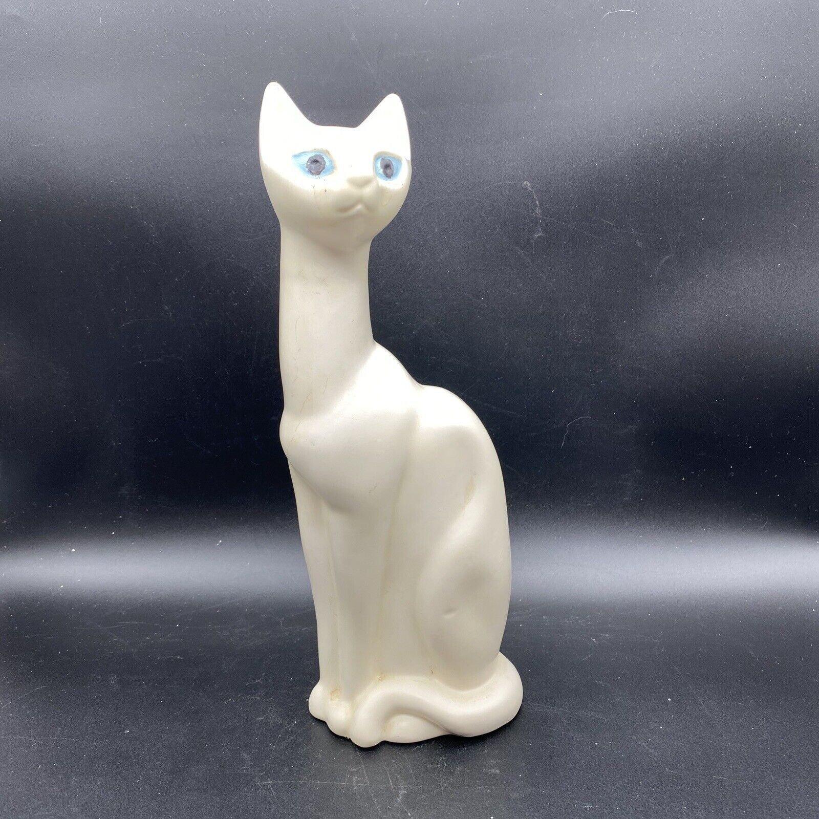 MCM Long Neck White Cat Figurine Statue Calif USA Pottery Blue Eyes Ceramic
