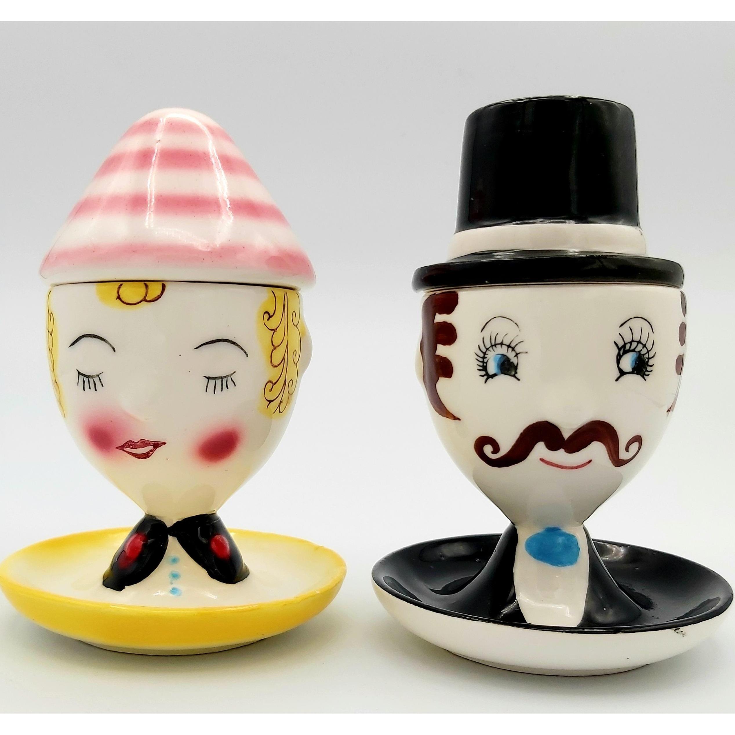 Vintage Kitsch Anthropomorphic Egg Cups Man Woman Salt & Pepper Sit ...