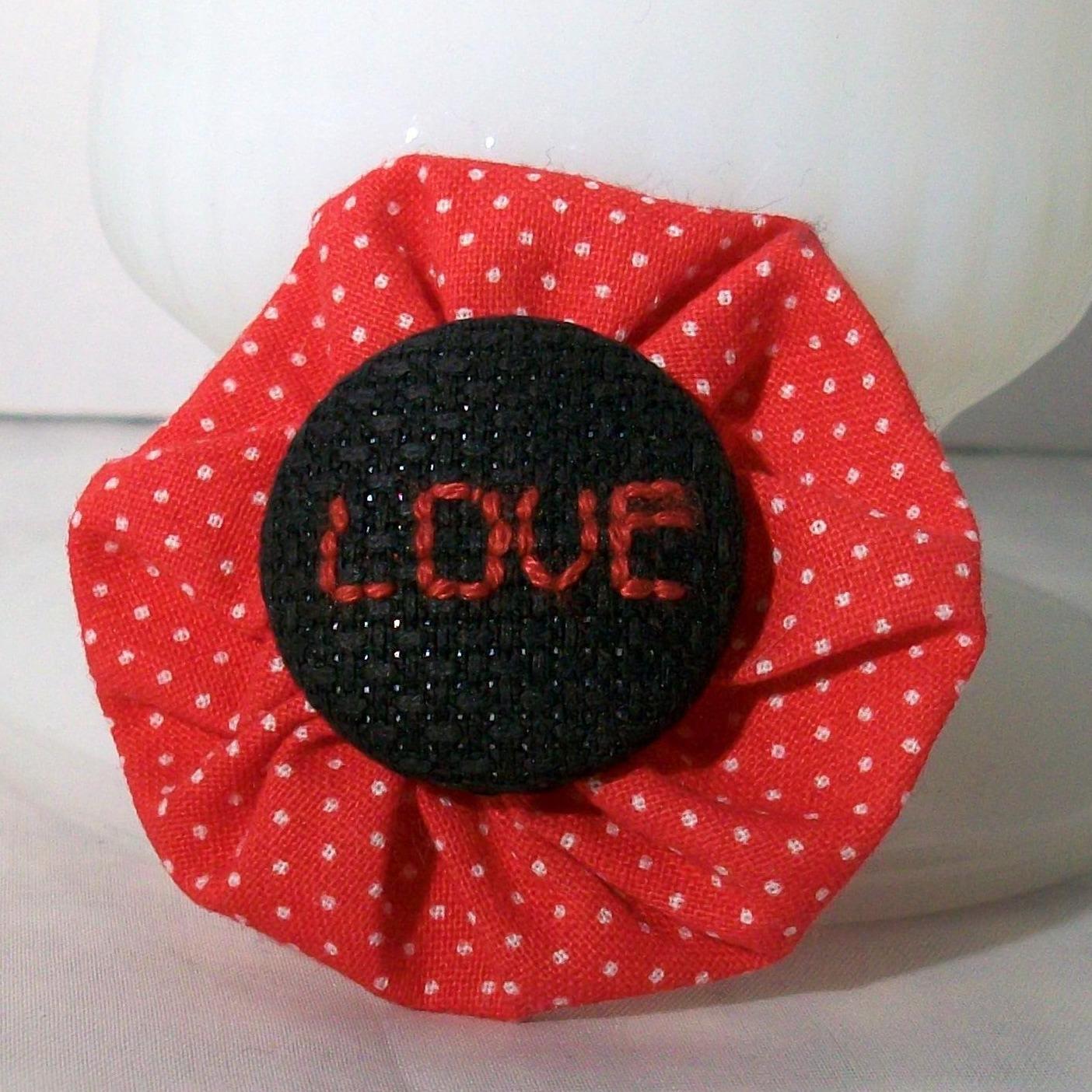 Cross Stitch Love Covered Button Flower Pin Brooch