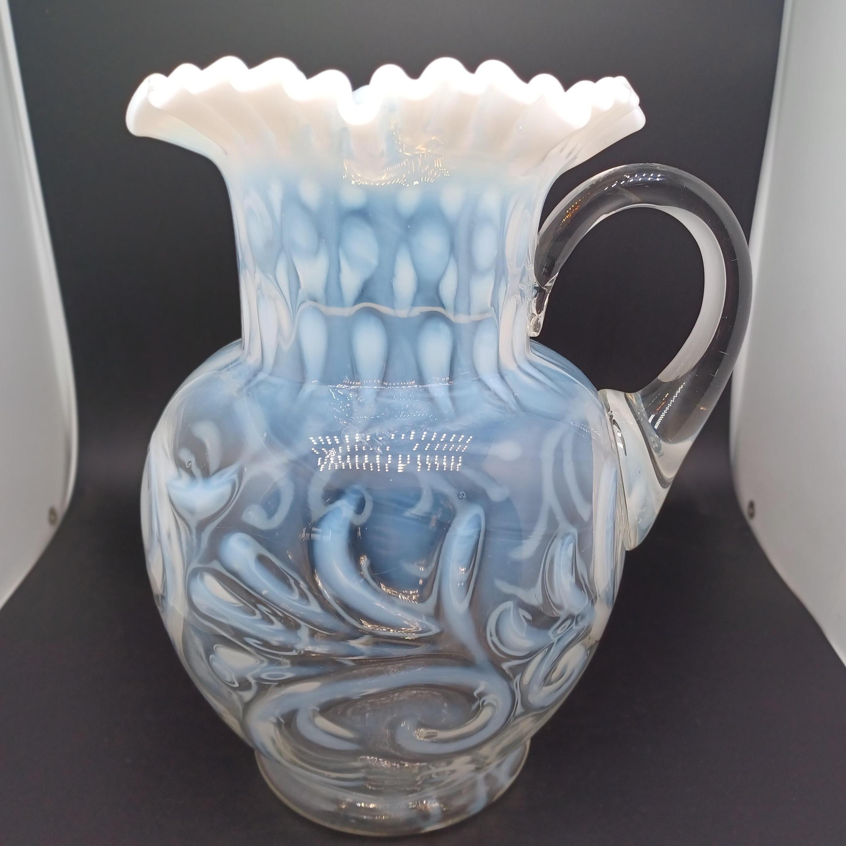 Vintage Fenton Buttons & Braids BLUE (Opalescent) Large Pitcher 9.5” Tall.