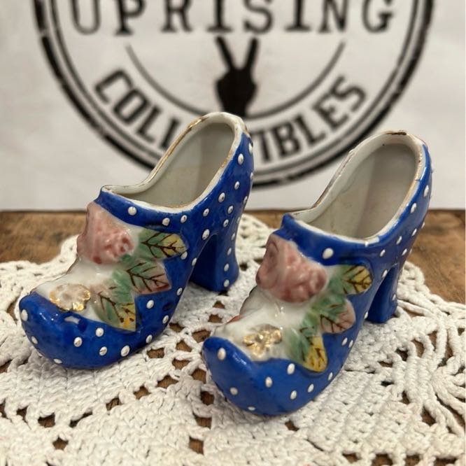 Vintage 1950's 1960's Shoe Ceramic Blue White Polka Dots Figurine Knick ...