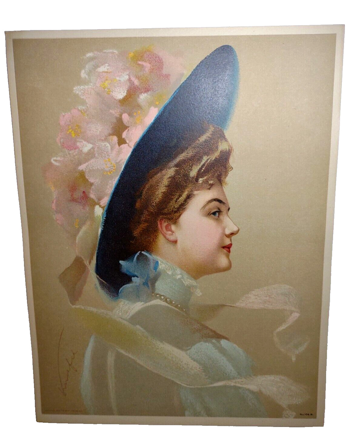 Victorian Art Print Pink Flower Hat Lady Artist Signed Knoefel Gray ...