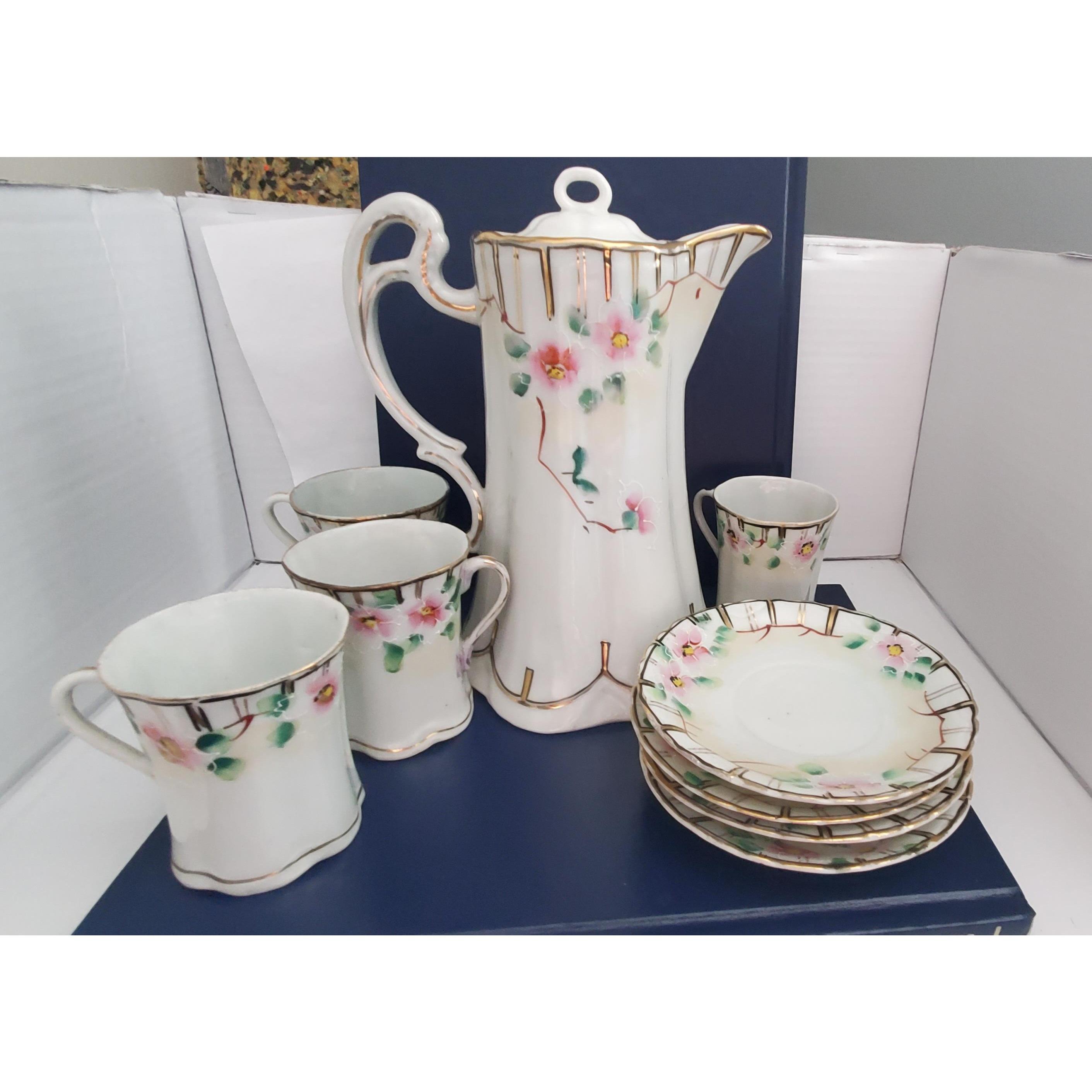 Antique Chocolate Tea Set Hand Painted In Japan Floral w/ 4 Cups Moriage