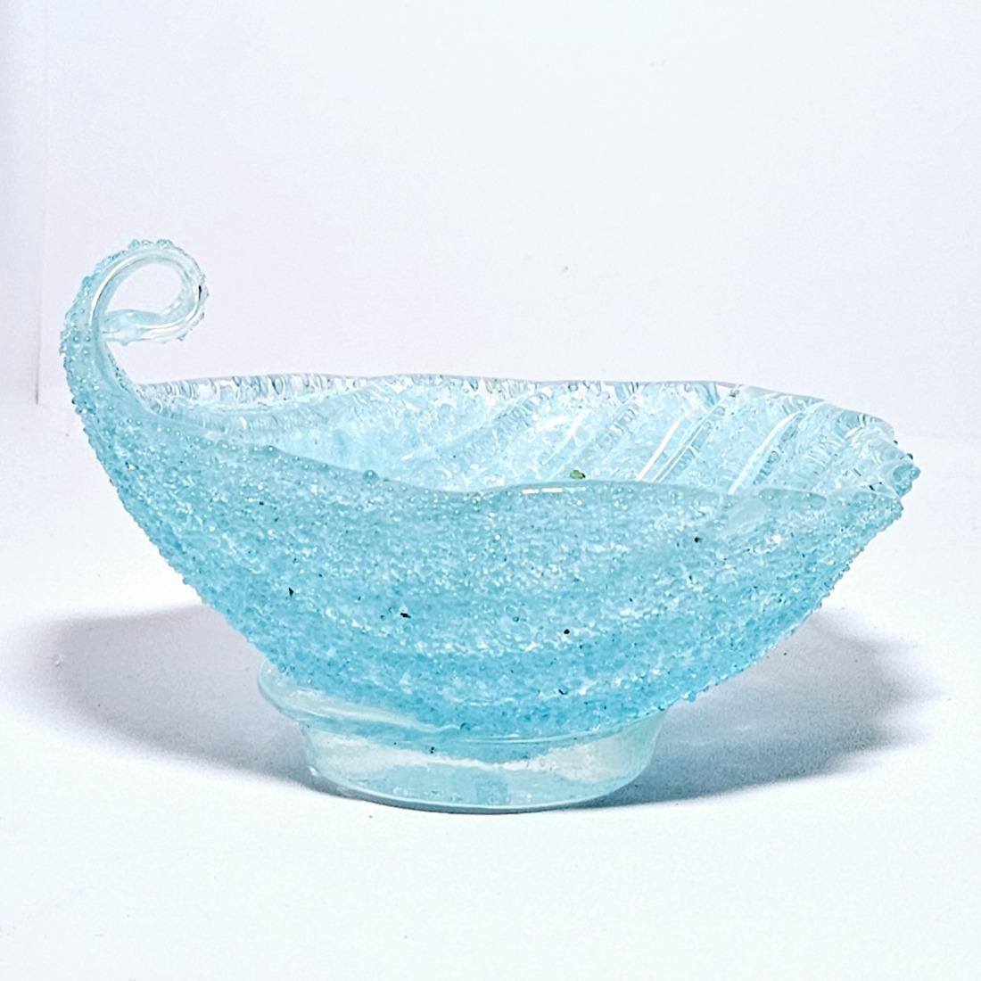 Vintage Aqua Sugared Art Glass Curled Handle Shell Shaped MCM Candy Dish