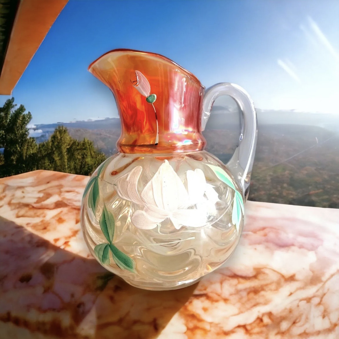 Vintage Fenton Glass Enameled Lotus Water Pitcher Optic Drape ...