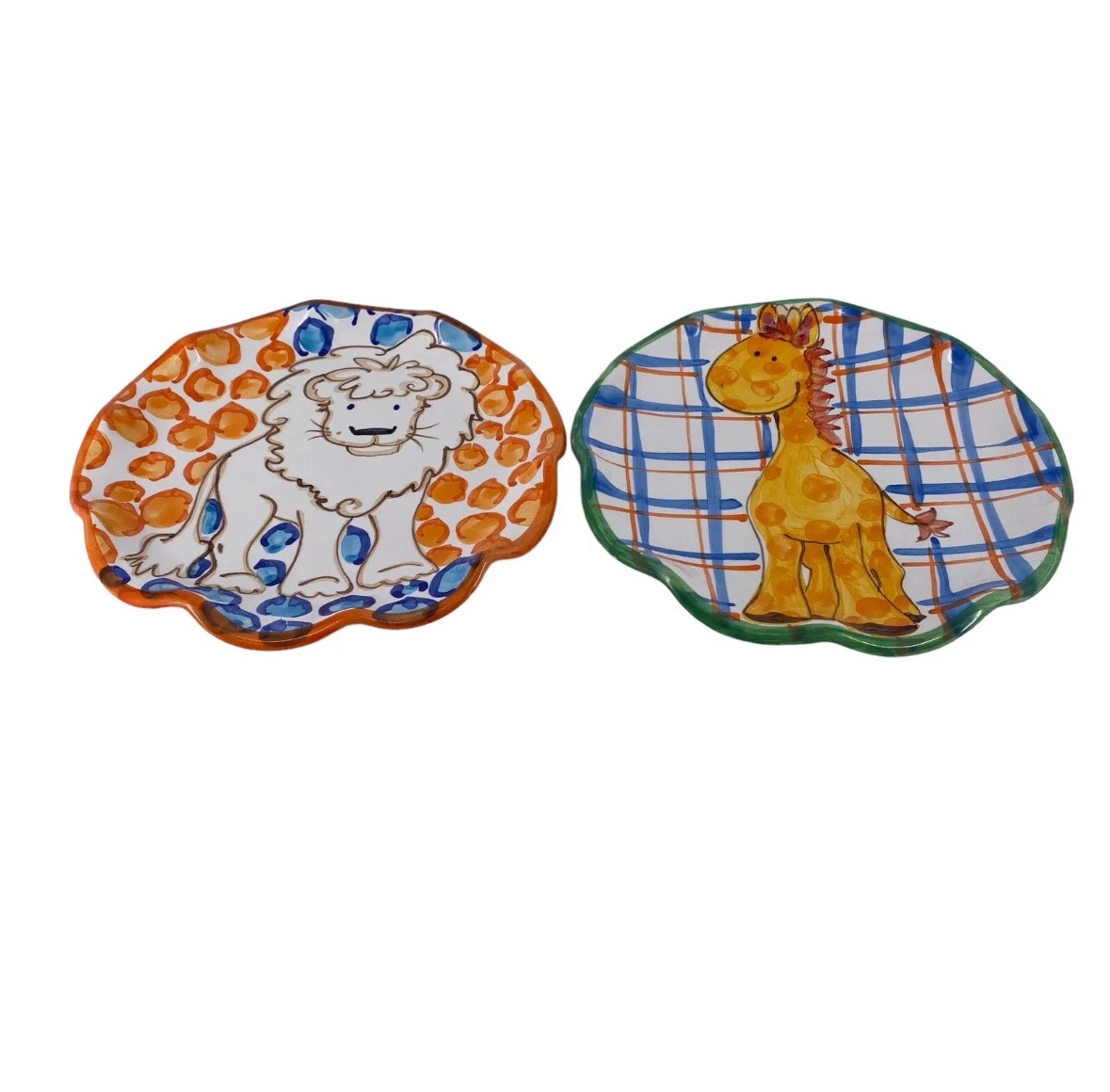 Jan Pugh Packer Creek Pottery Hand painted Scalloped Plate Lion Giraffe ...