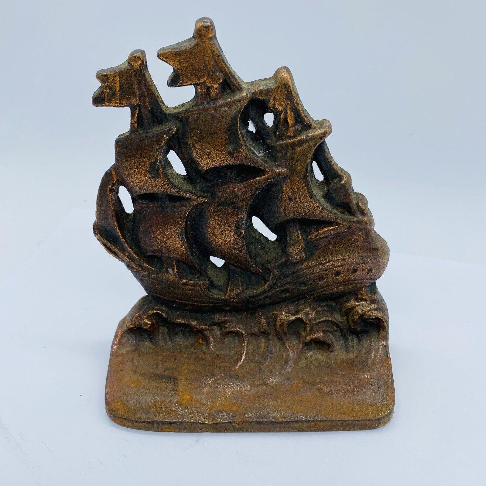 #1803 Vintage Cast Iron Bronzed Metal Ship Bookend Single