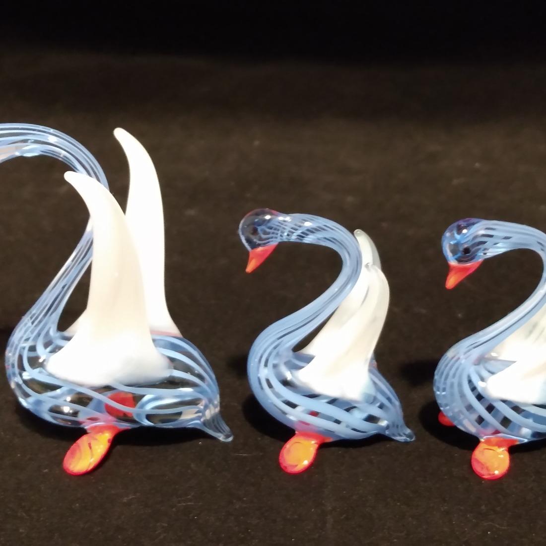 Swan Family Trio of Miniature Blown Glass Swans in Periwinkle and White