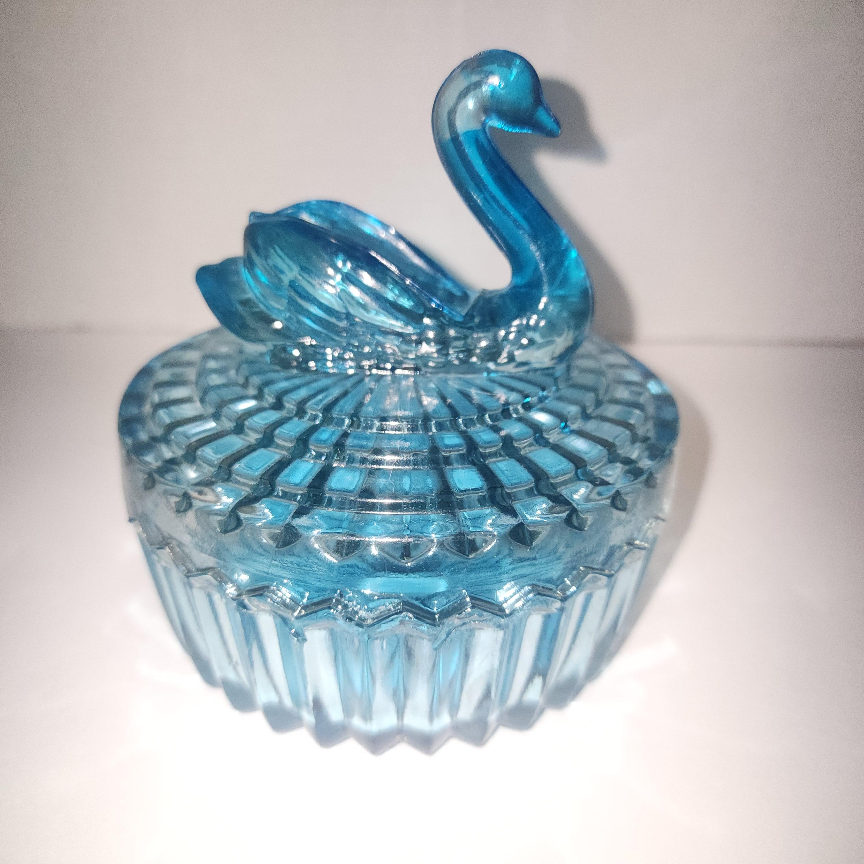 Jeanette Glass Teal Blue Swan Powder Or Trinket Box.