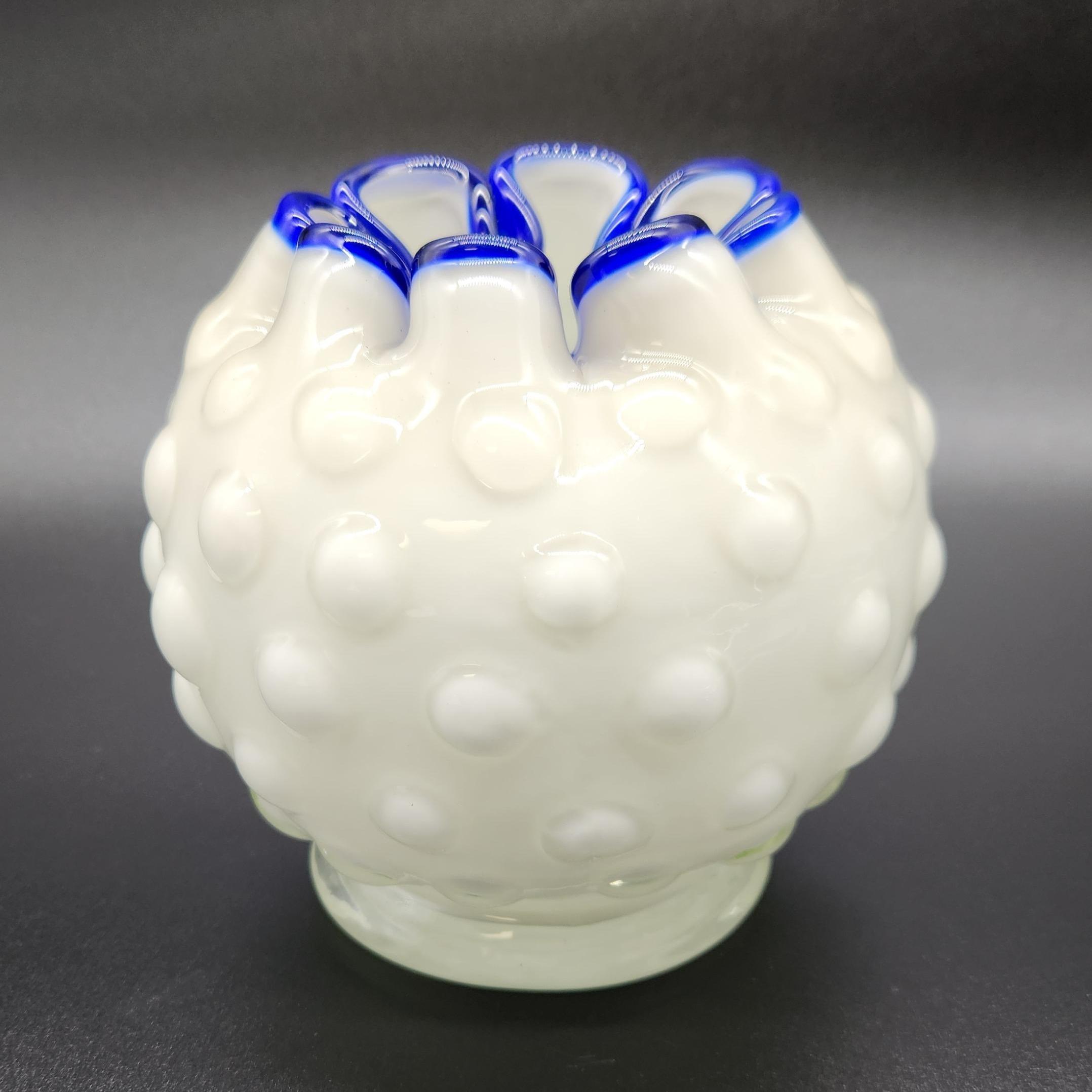 Fenton Opalescent Glass Rose Bowl Vase w/ Cobalt Blue Crest