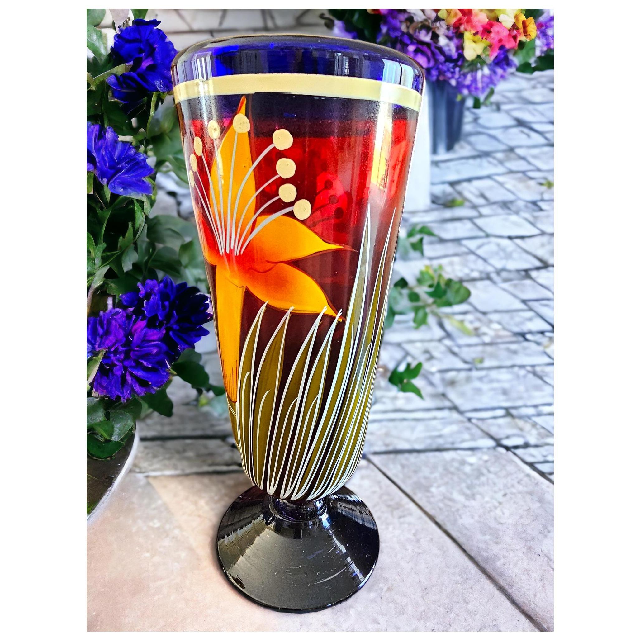 Vintage Hand Painted Art Glass Vase 9"