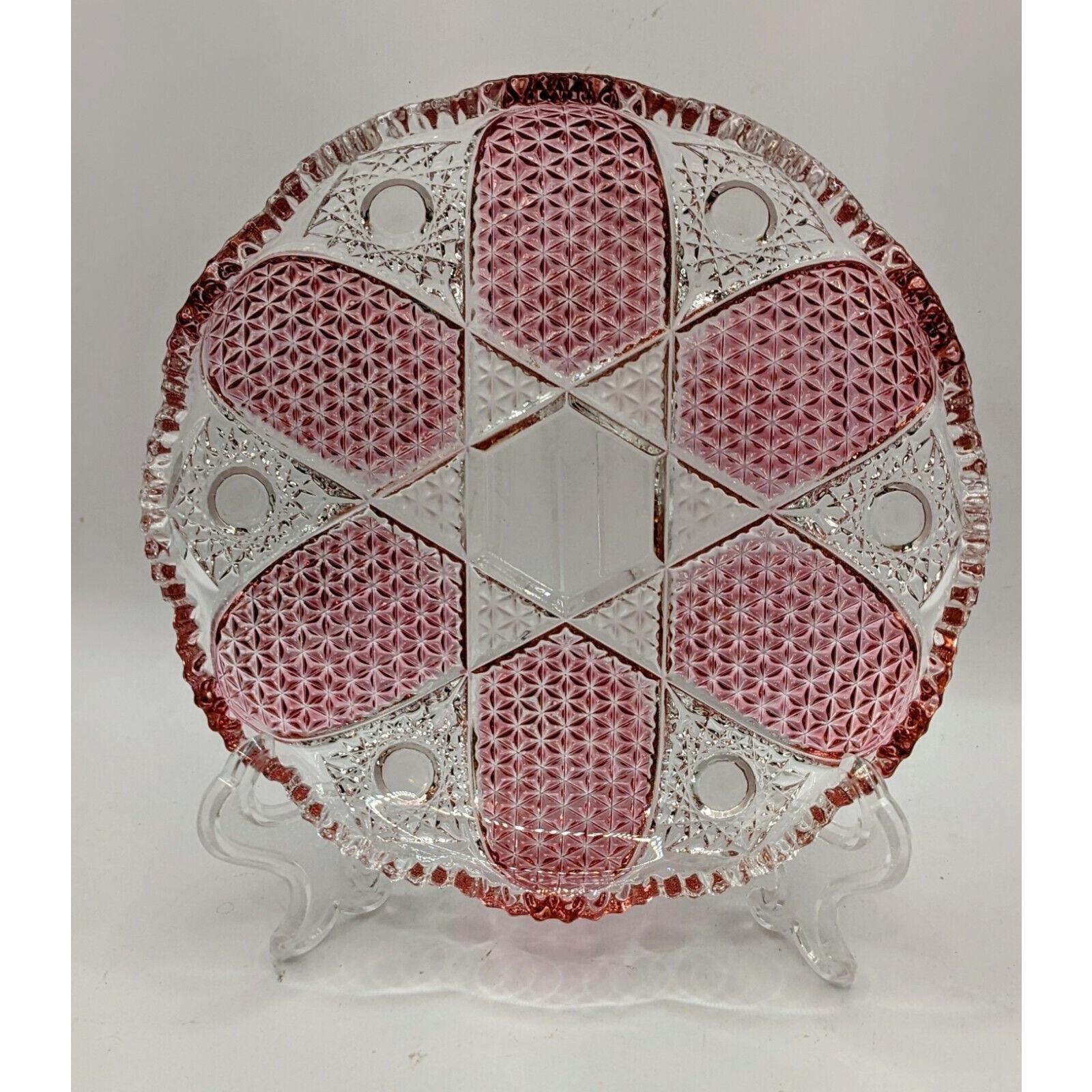 Vintage Clear and Pink Cut Glass 6.5" Dessert/Candy Dish Scalloped Edge