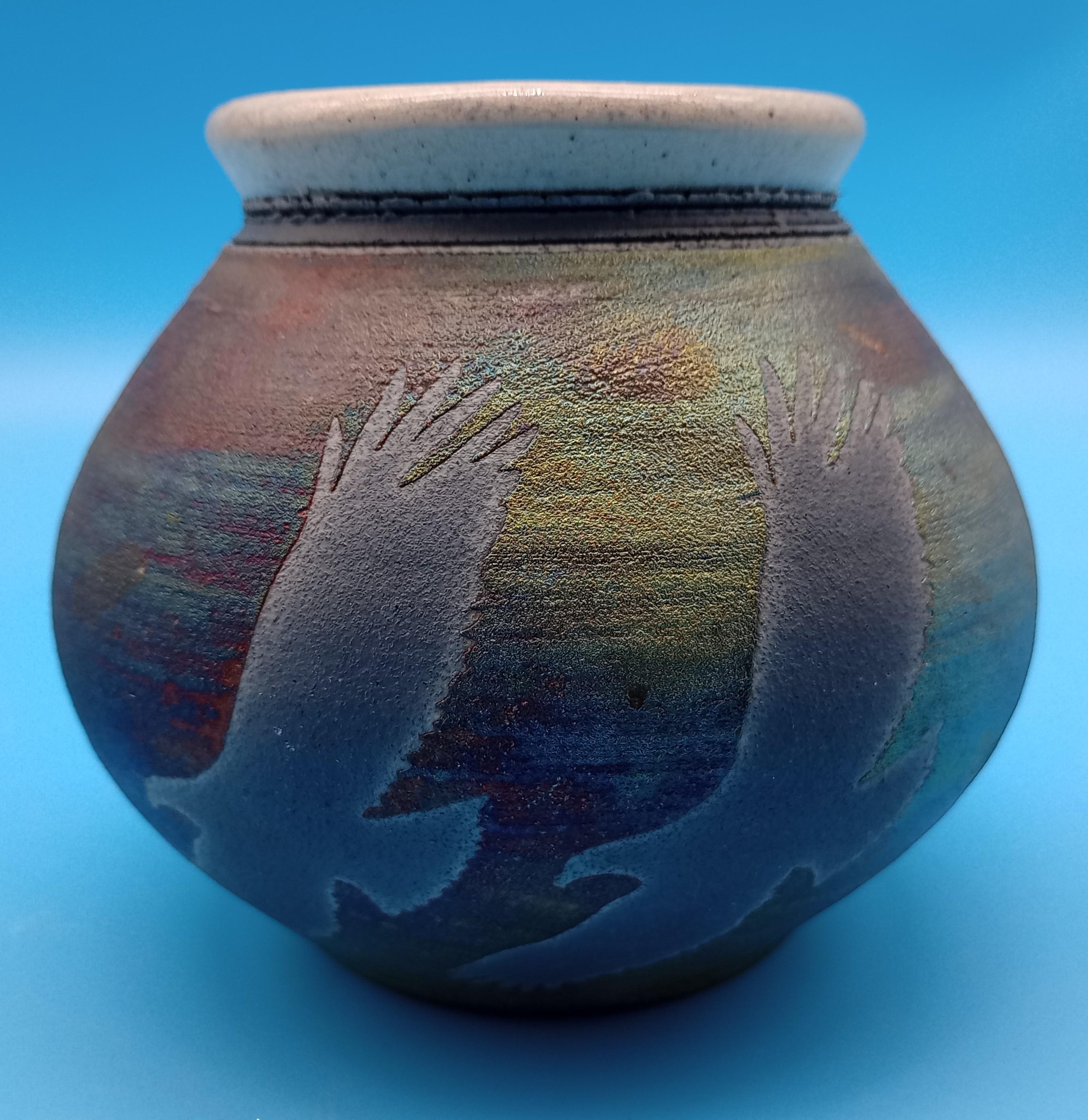 Small, Oil Spill Colored Raku Vase, Signed By J. Diller.