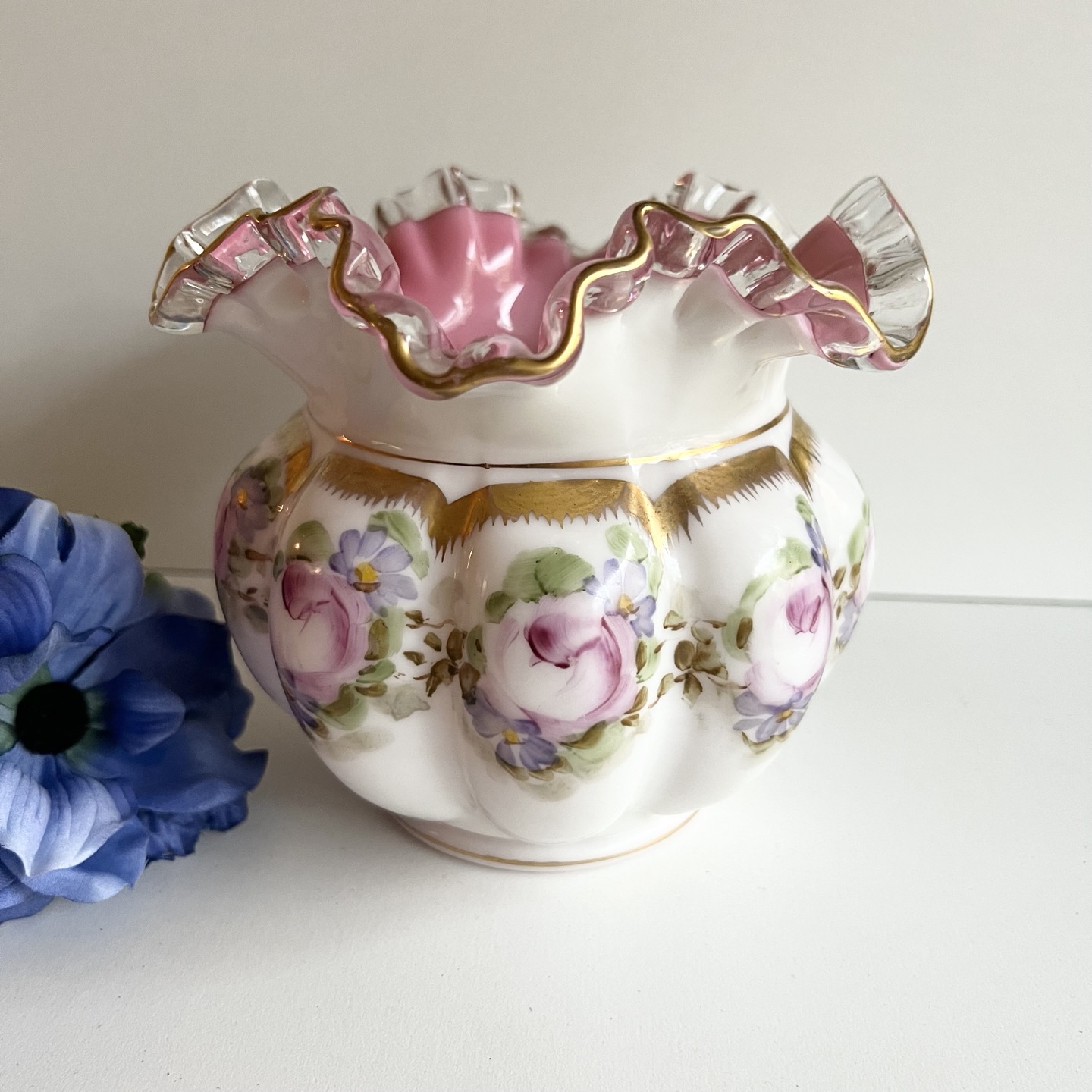 Fenton Charleton Pink Rose Melon Vase, Hand-Painted