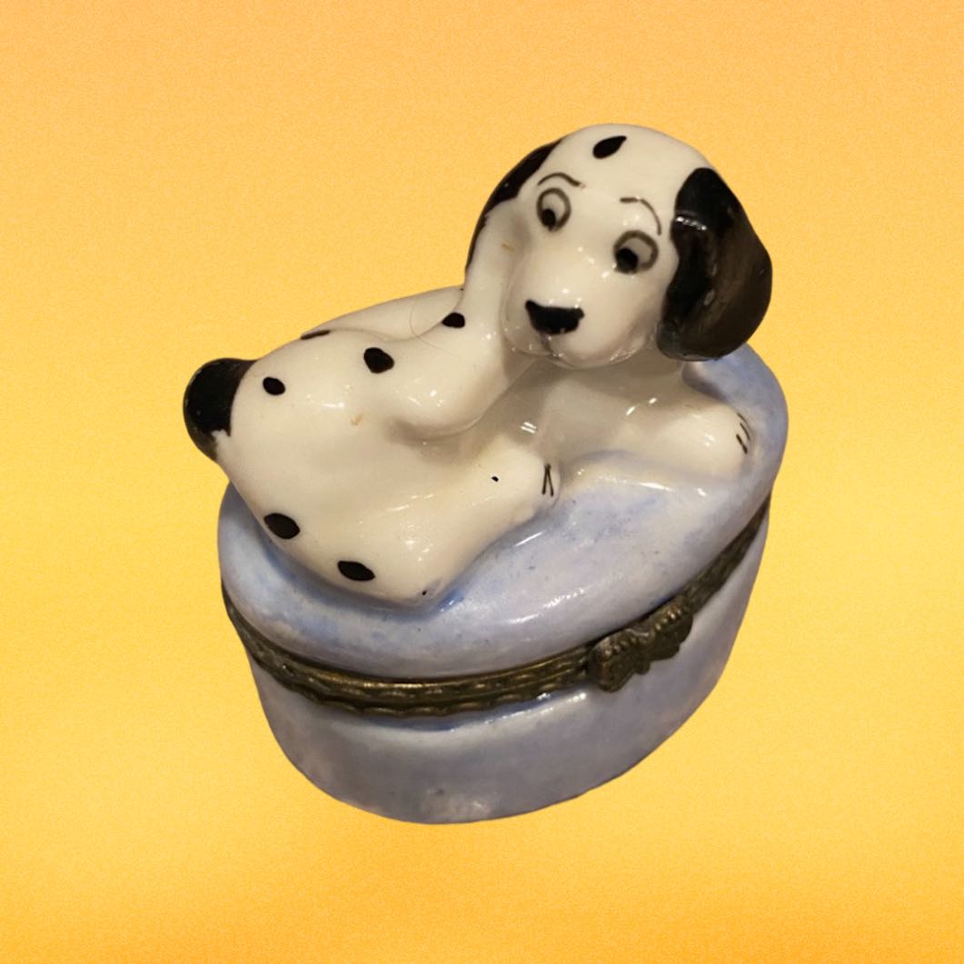 VINTAGE Dalmation Puppy Dog and Bone Porcelain Hinged Trinket Box
