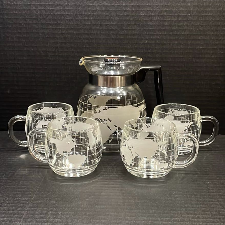 Vintage Lot 1970s NESTLE Nescafe World Globe, Coffee Pot with 4 cups