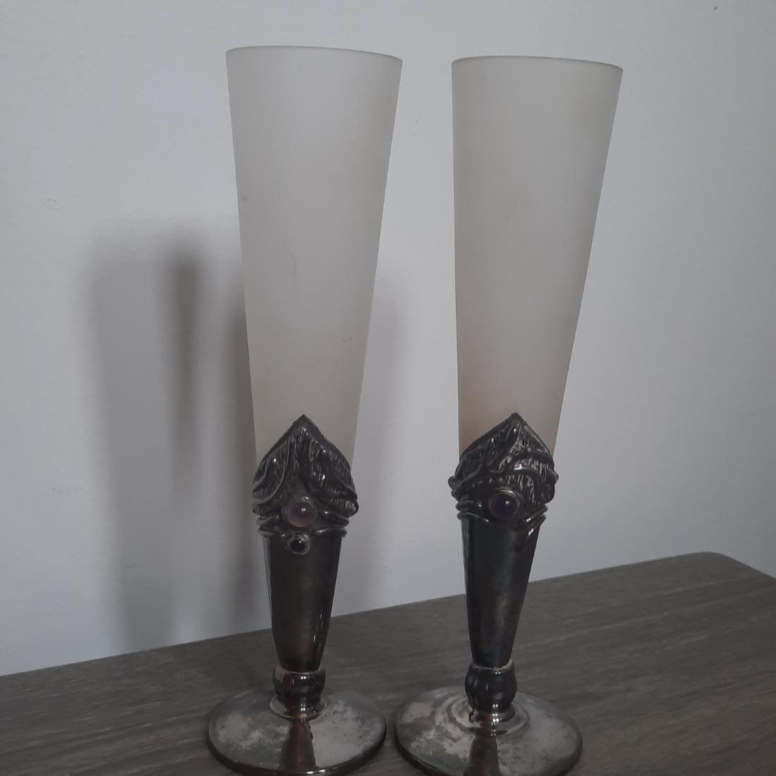 Vintage Pair 925 Sterling Silver Glass Jewel Domar Israel Vases MCM