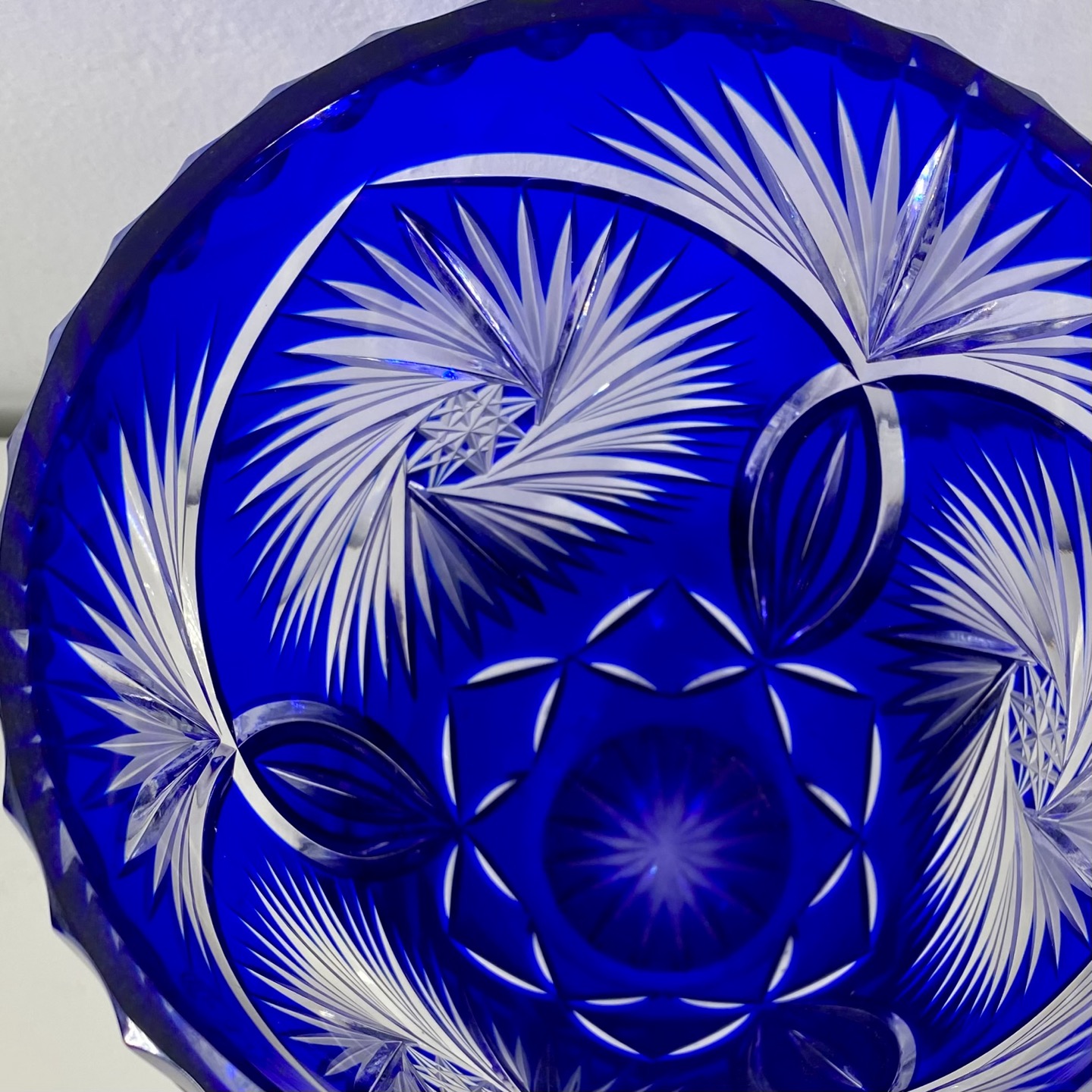 Poland Lead CRYSTAL Cobalt BLUE VASE Hand Cut to Clear PINWHEEL Polonia ...