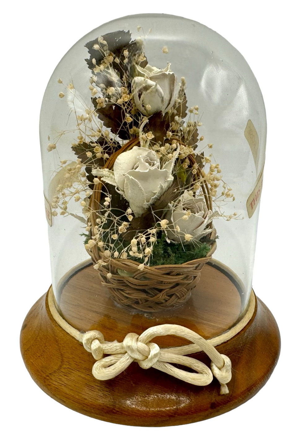 Vintage Real Rose Floral Display Figurine Glass Dome Cloche Wood Base ...