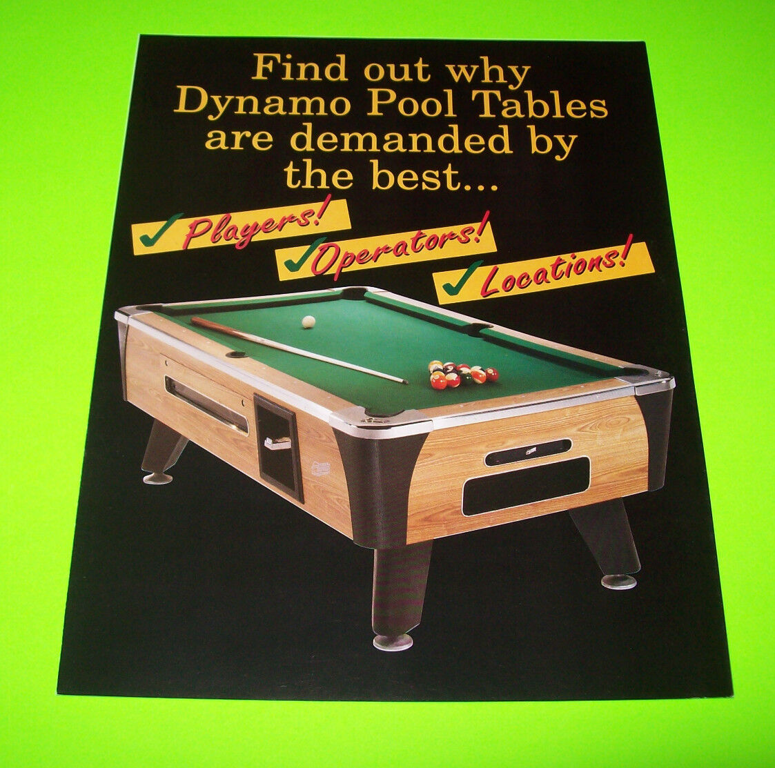 DYNAMO POOL TABLES NOS ORIGINAL VINTAGE FOLD-OUT SALES FLYER BROCHURE