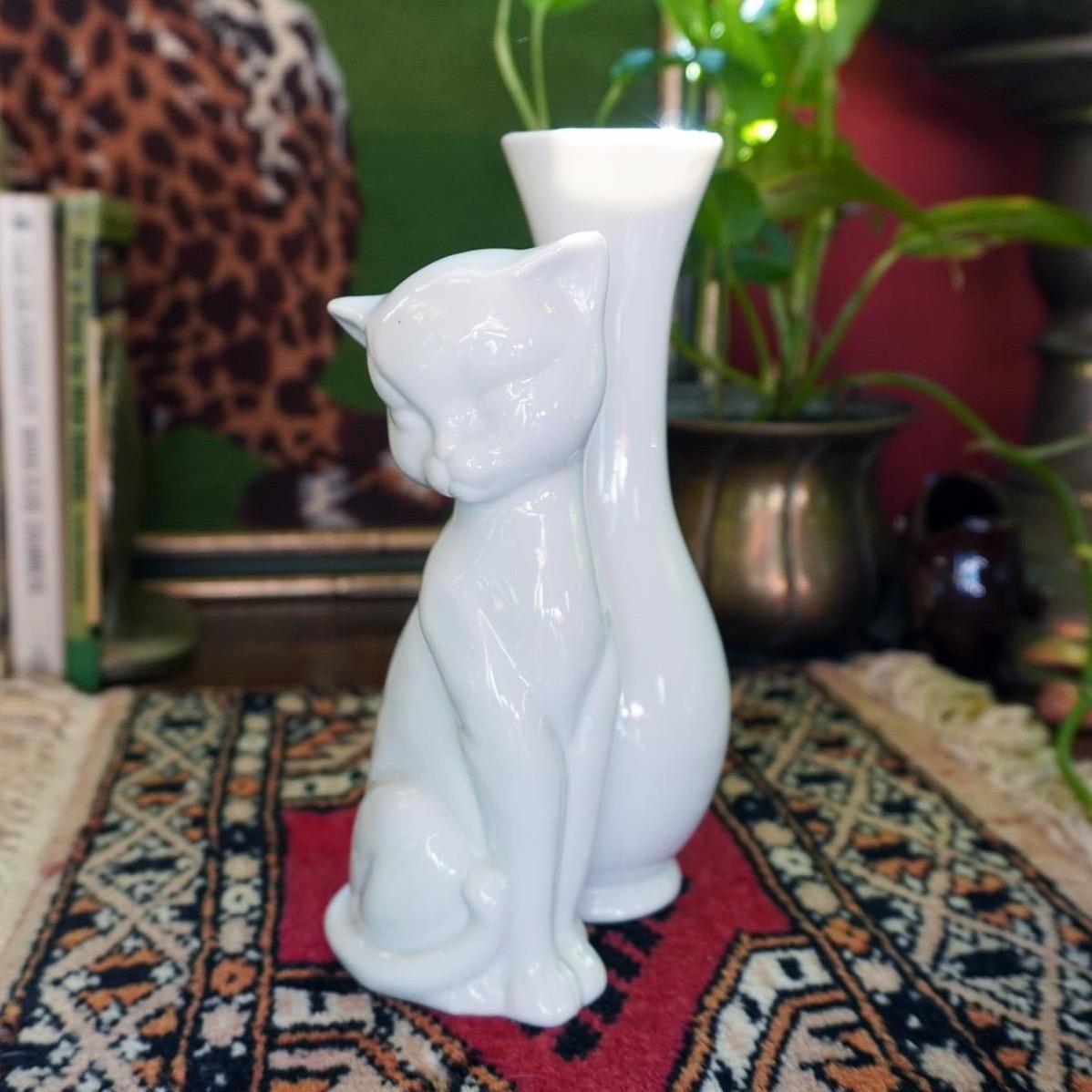 1980s White Cat Figurine Vase | Vintage Siamese Cat Bud Vase