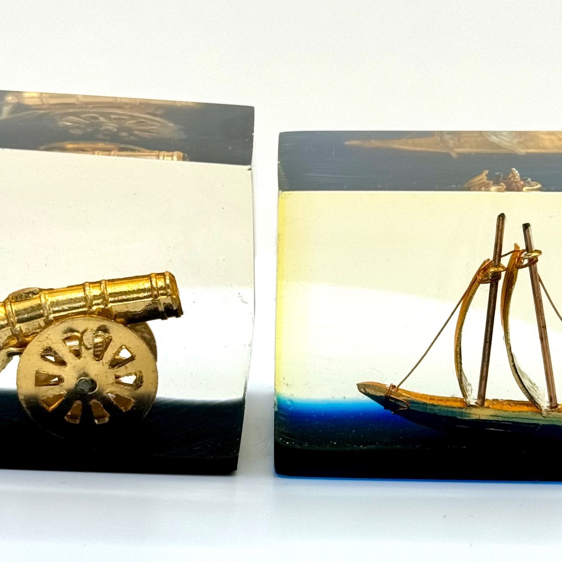 Vintage (2) Encased Miniature Cannon & Ship (Galion Ship) Lucite ...