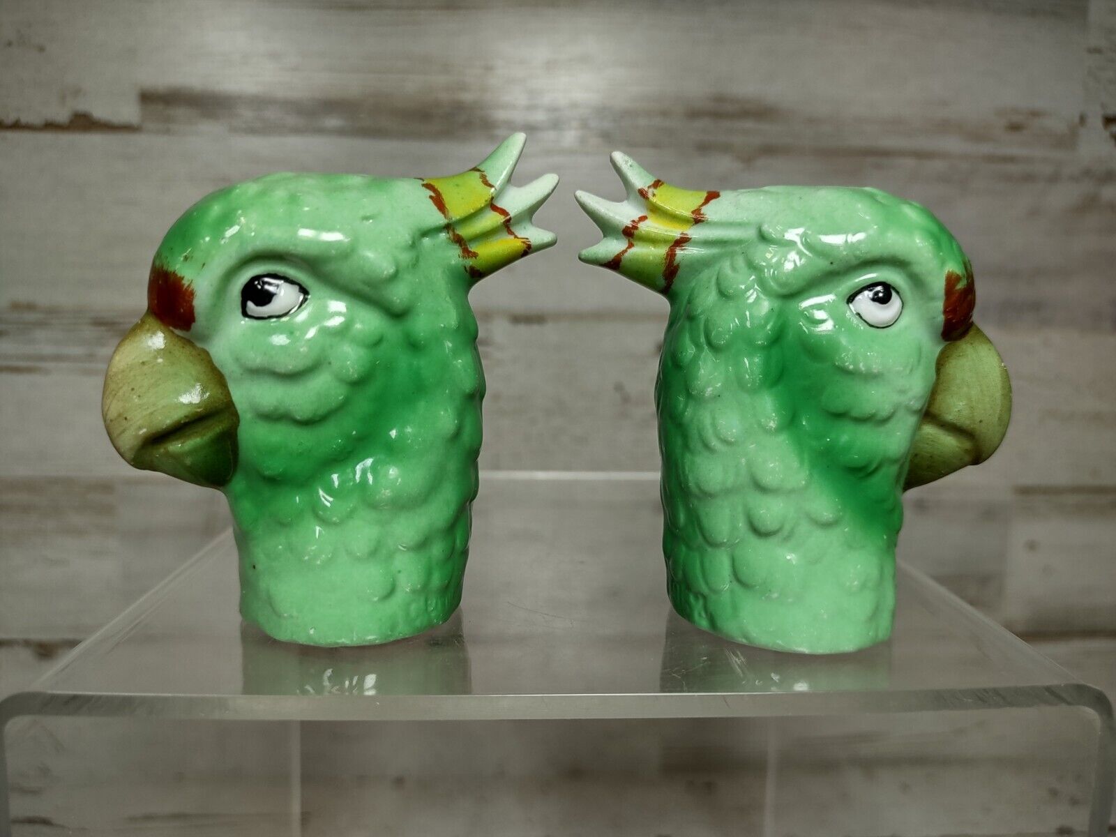 2 Antique Porcelain Green Parrot Bird Handles for Whisk Broom Vanity Brush