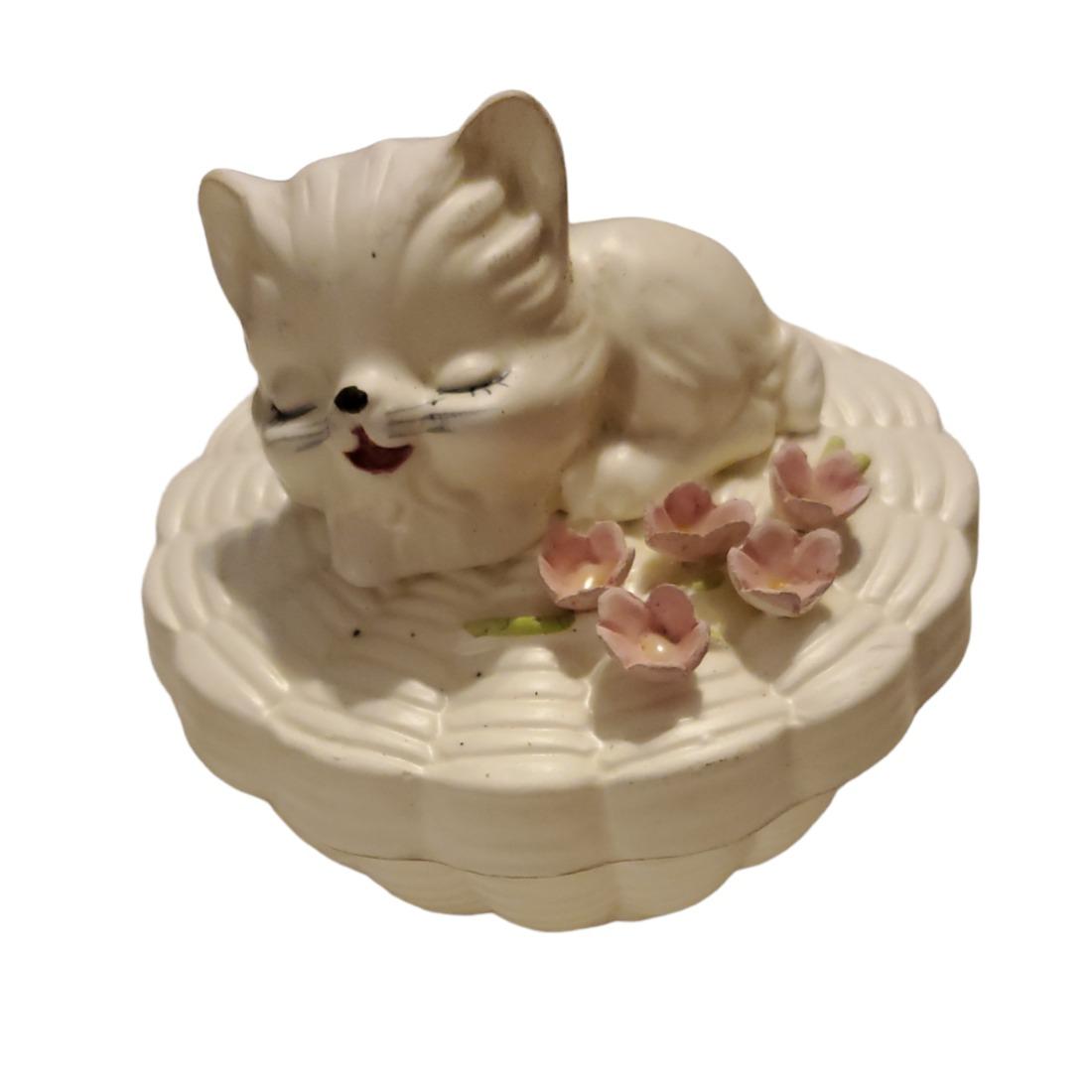 Lefton Cat Figurine Basket Weave Trinket Box White Kitten Pink Flowers