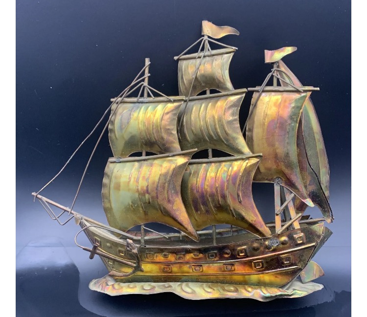 Vintage Copper Tone Metal Ship Sculpture