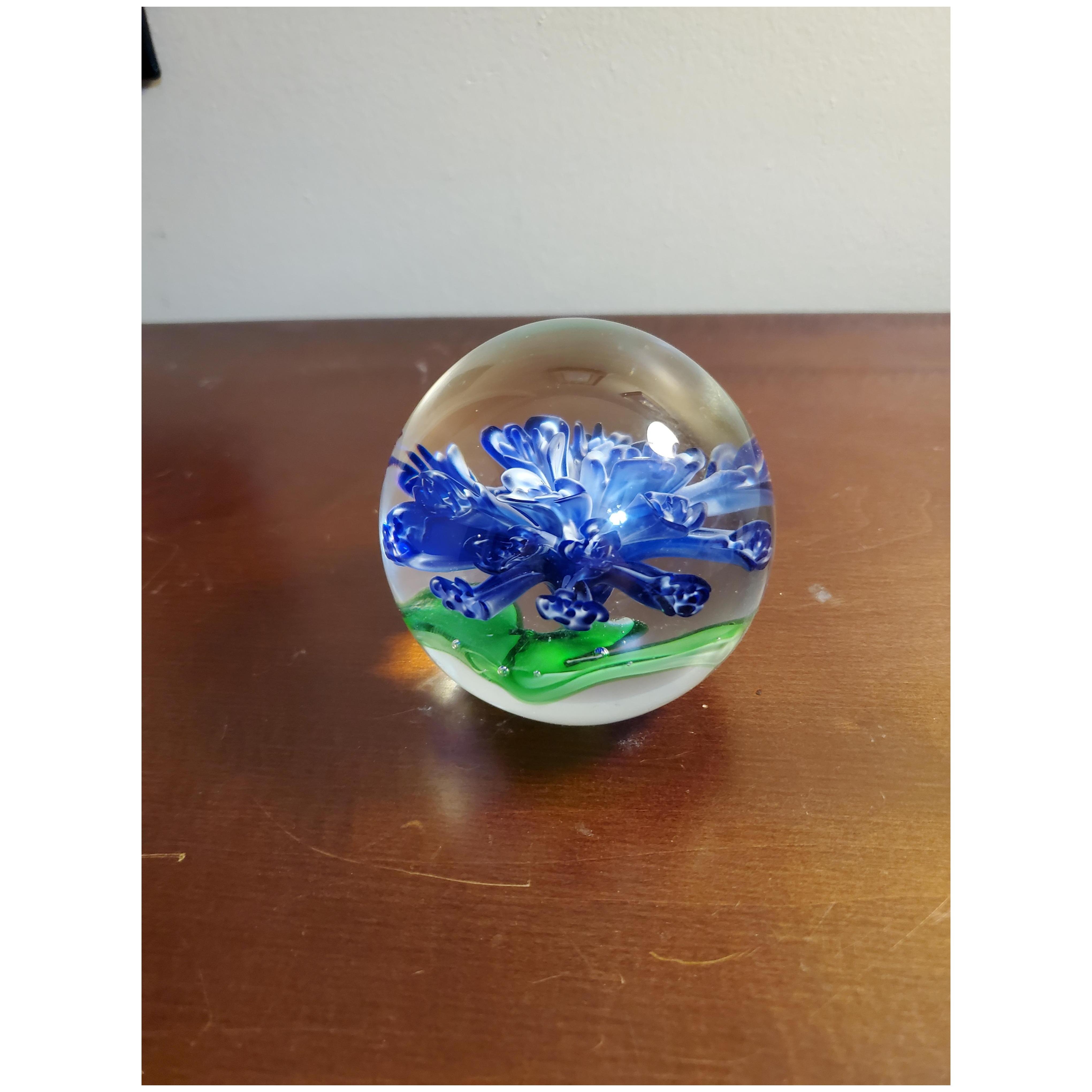 Art Glass Blue Floral Paperweight Unsigned