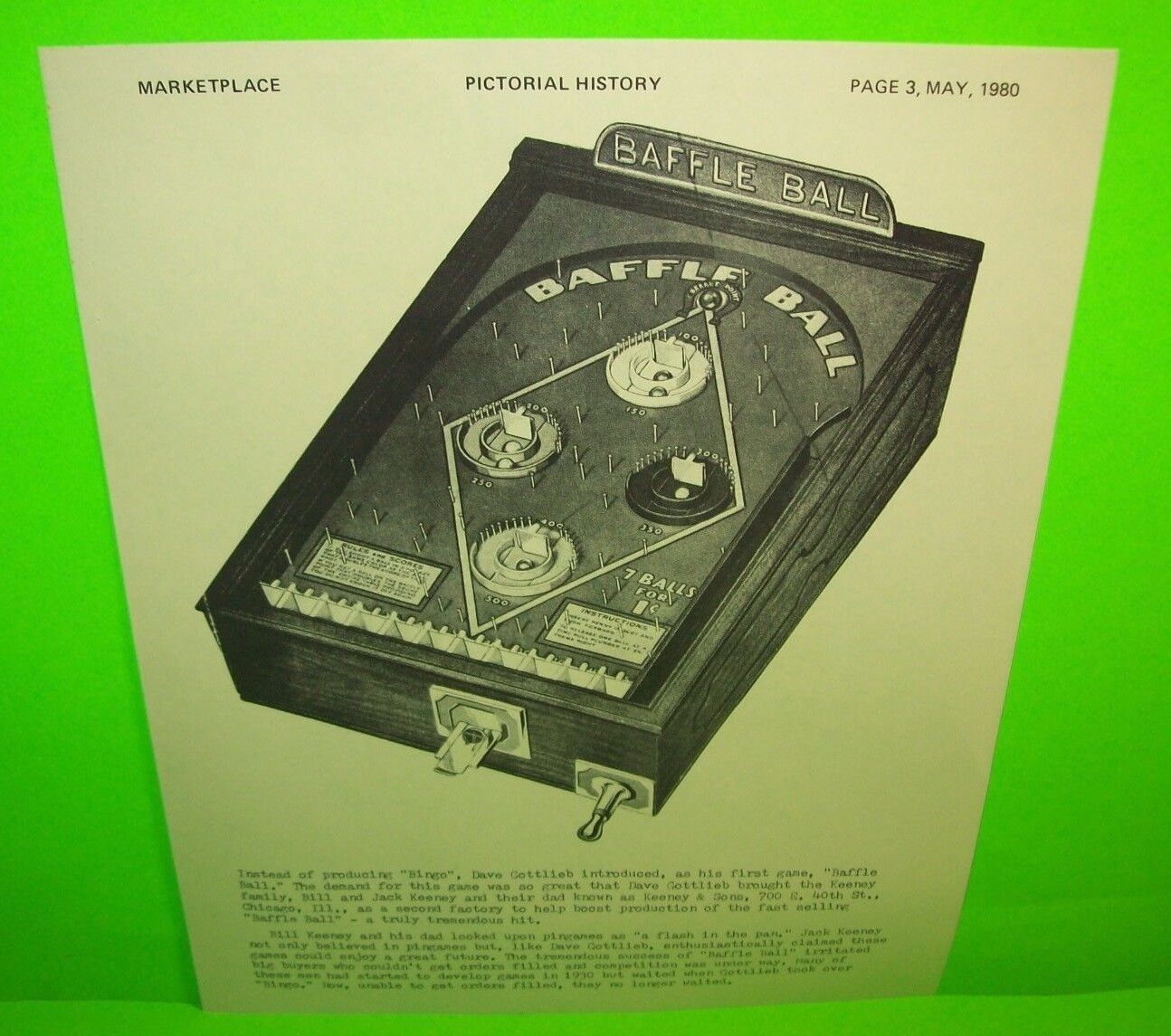 Pinball Machine Print AD Baffle Ball Marketplace Magazine 1980