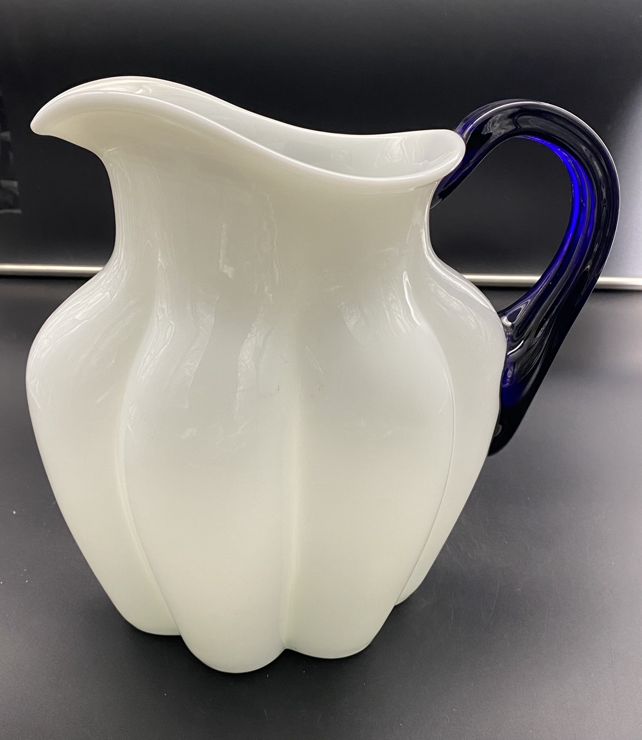 Morgantown Glass Alabaster Ritz Blue #20069 MELON Pitcher c1931