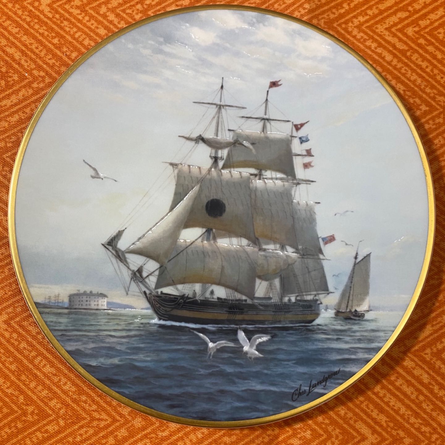 “Columbia” Nautical Ship Decorative Plate 1981 Charles Lundgren Golden ...