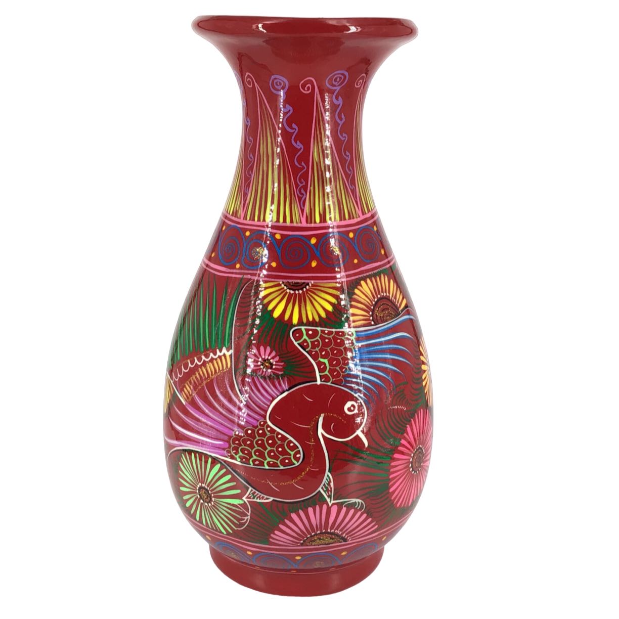 Large Hand Painted Mexican Redware Art Pottery Bird Vase GLOWS