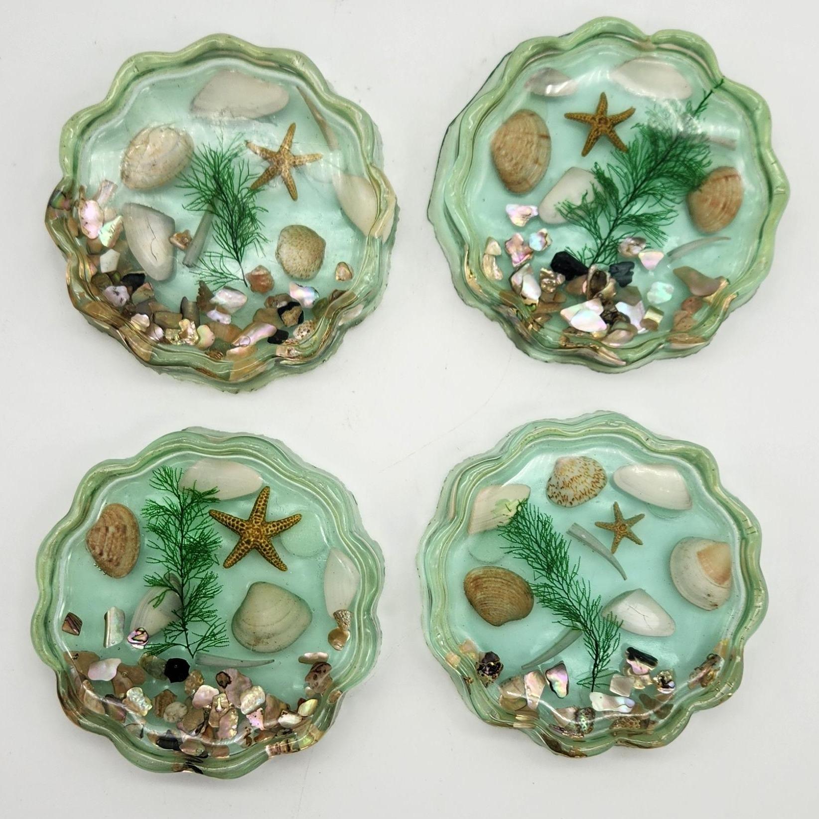 4 Scalloped Lucite Coasters Aqua Sea Beach Tropics Abalone Shells ...