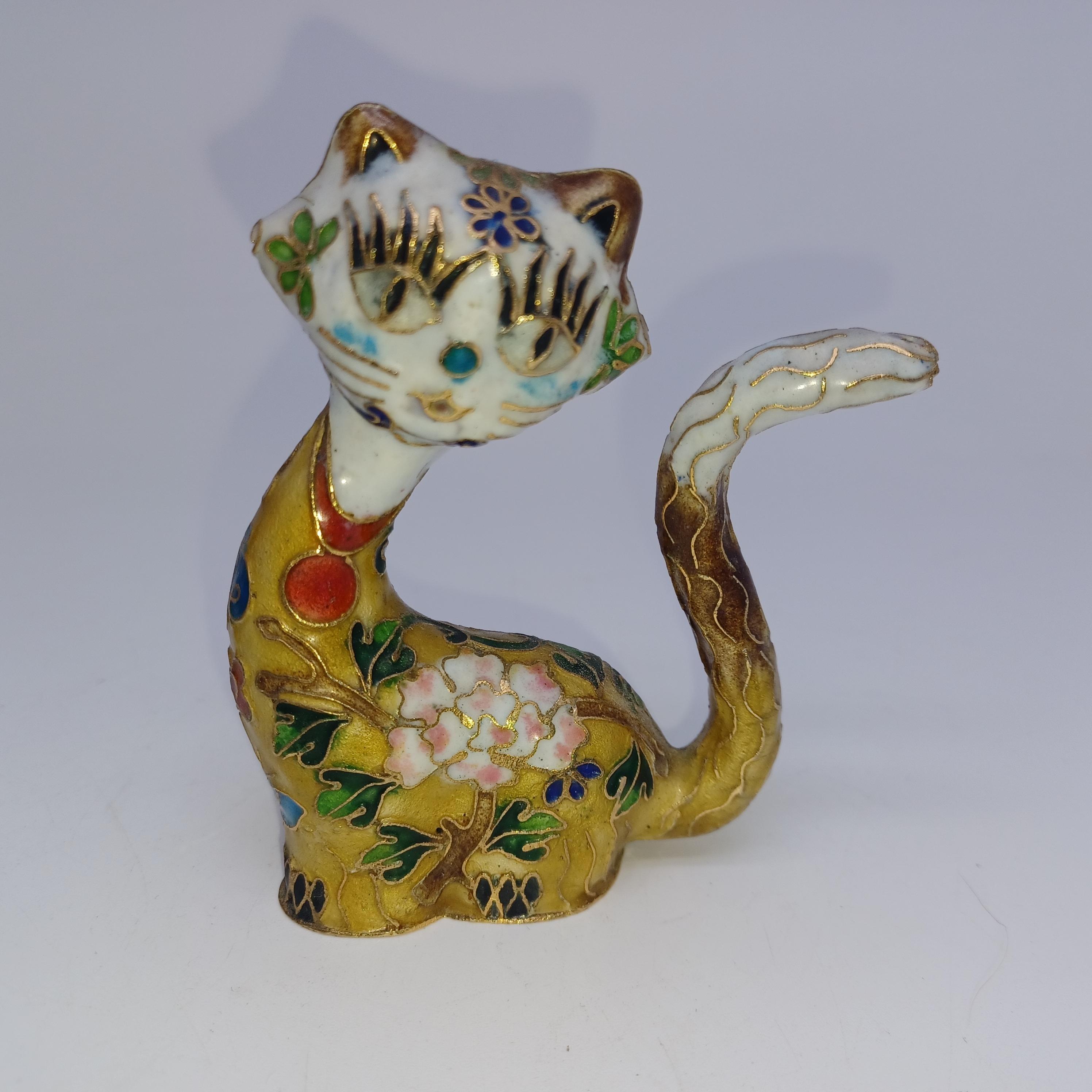 Vintage Cloisonne & Brass Sitting Cat Figurine