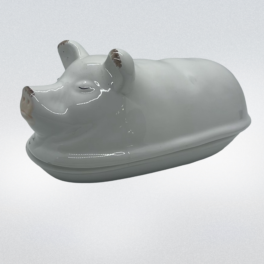 Farmyard Collection Pig White Covered Butter Dish Ceramic 8” x 4”