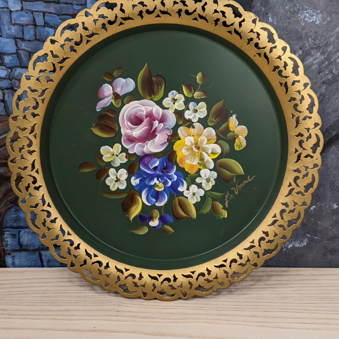 Tole Tray Dark Green Toleware Metal Tray Hand Painted Rose Floral ...