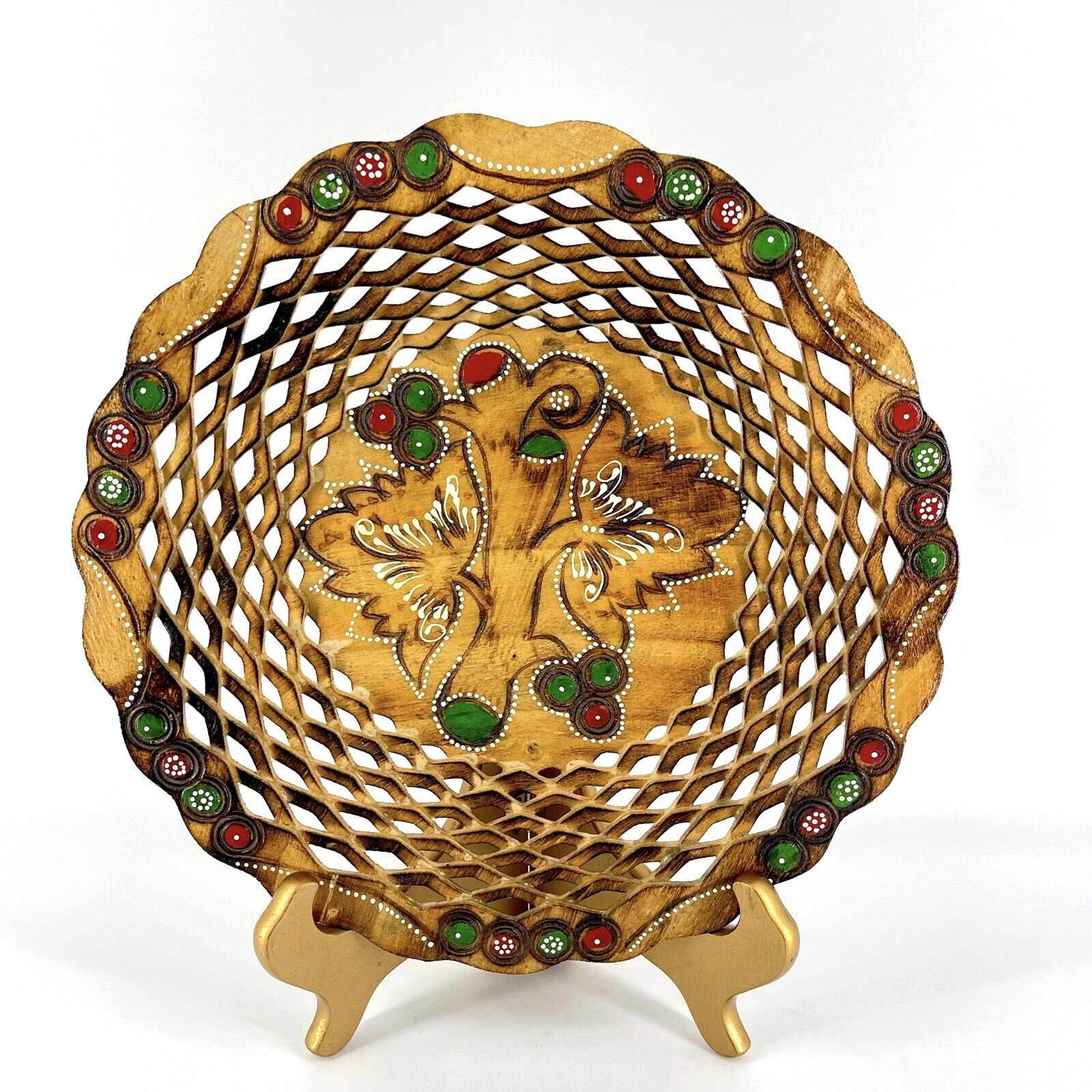 Vtg Pyrography Hand Carved Wood 12" Wooden Plate Geometric Cutout ...