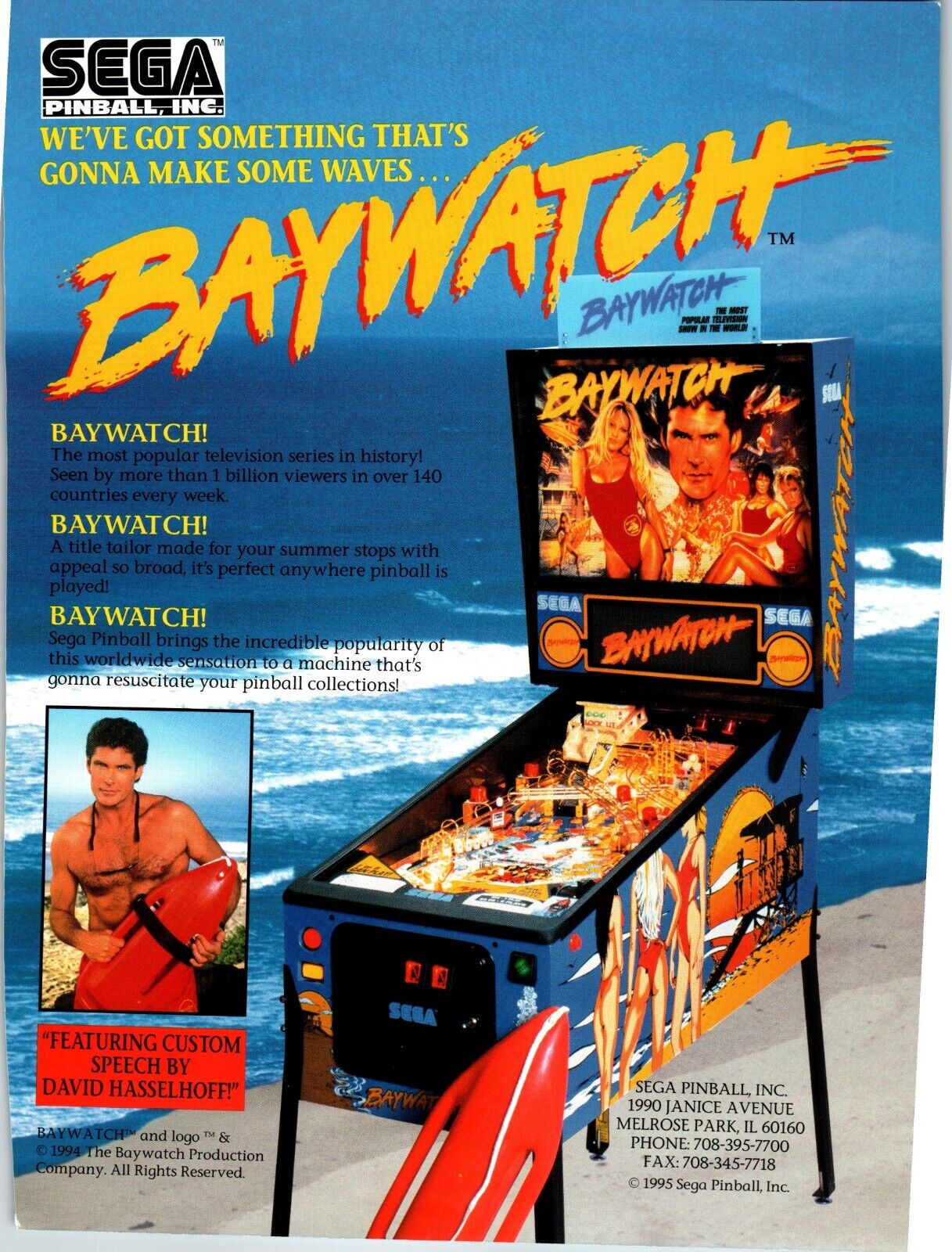 Baywatch Pinball Machine FLYER Original 8.5" x 11" Art 1995 Hasselhoff ...